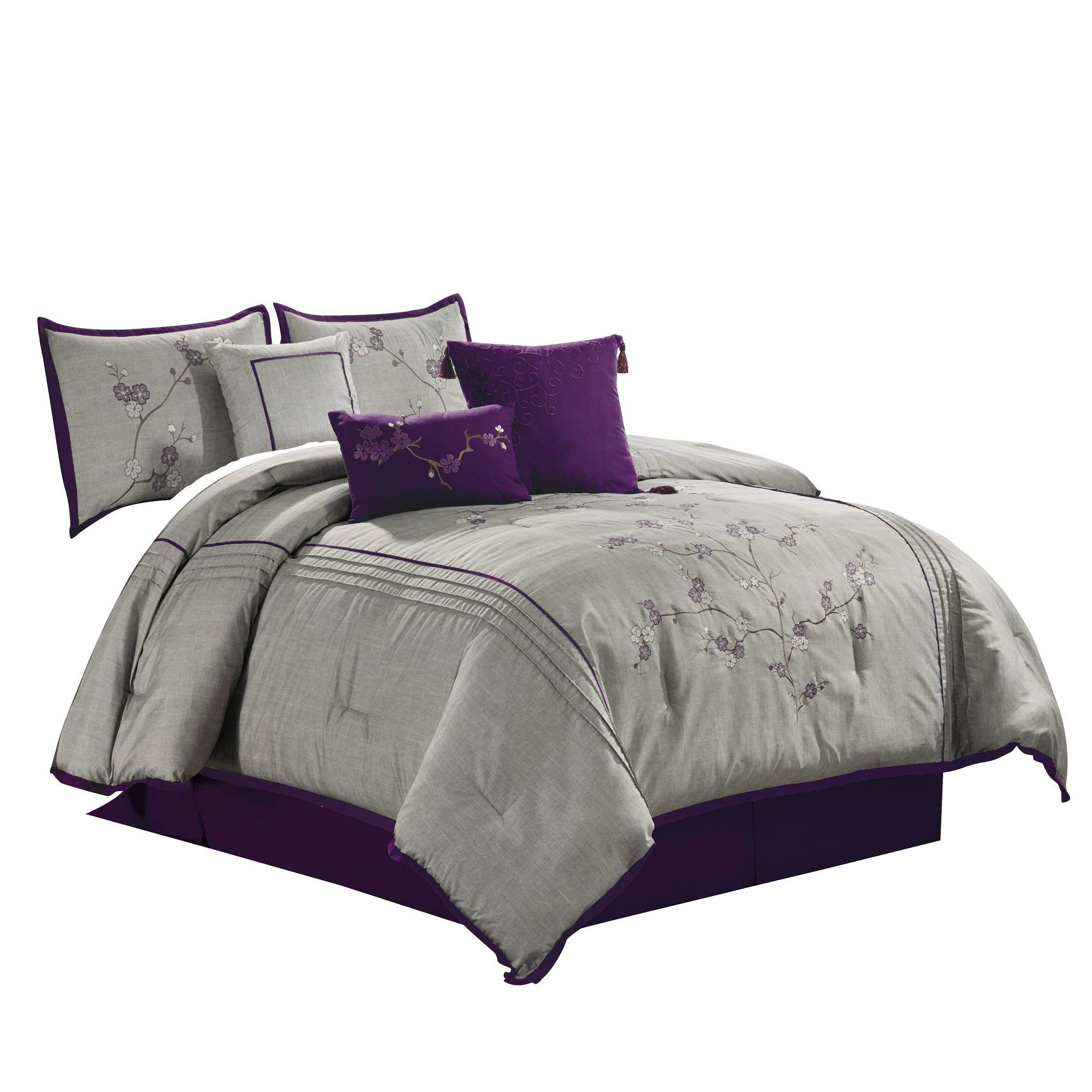 Miki 7-Piece Luxury Purple Cherry Blossoms Floral Embroidery Bedding Comforter Set Queen Size