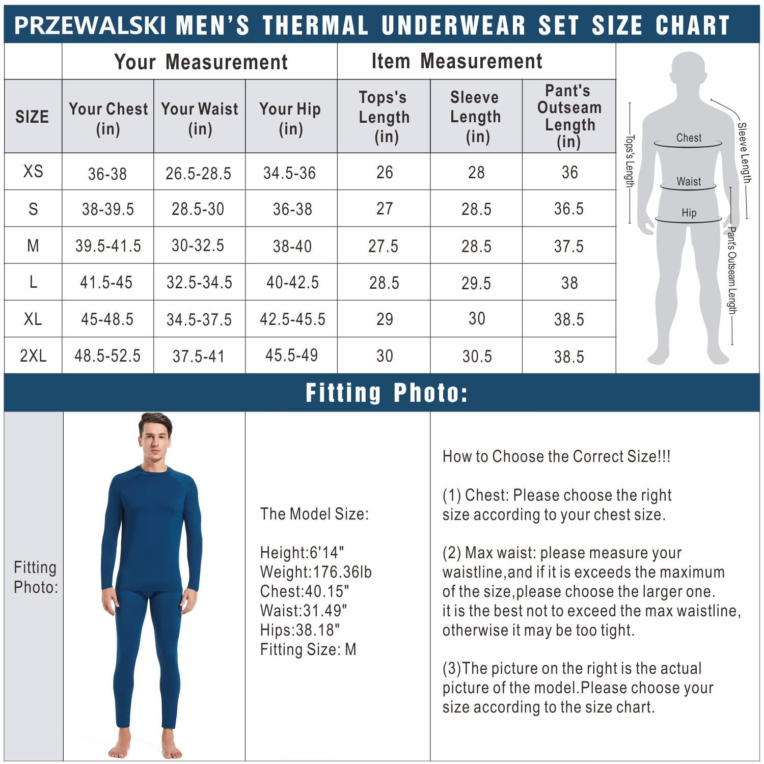 Przewalski Thermal Underwear Set for Men, Winter Long Johns Warm Up Base Layer Top and Bottom Pajama Suits Cold Weather Blue