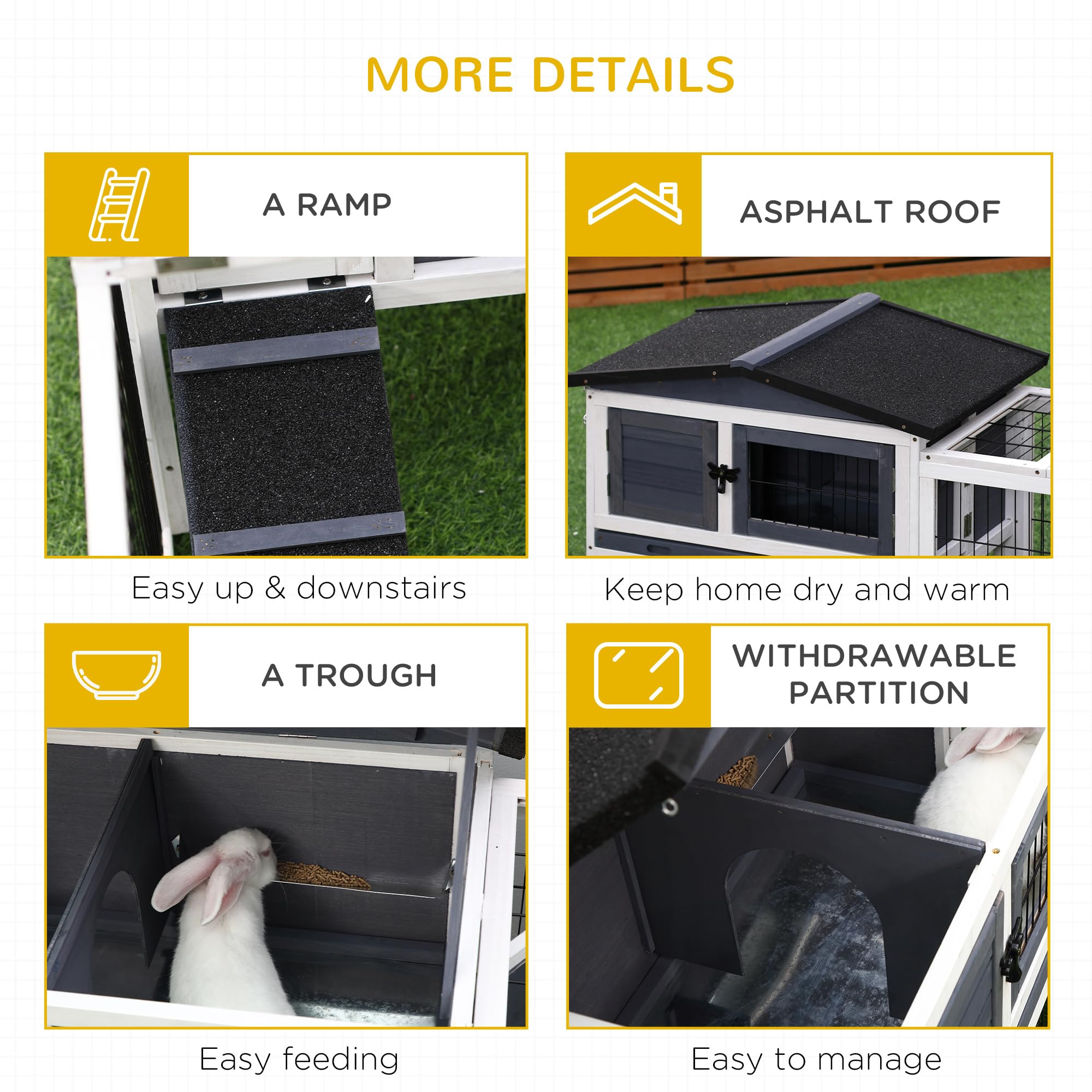 PawHut Rabbit Hutch, 2 Story Outdoor Bunny Cage with Slide-Out Tray, Run Cage, Openable Top for Rabbits, Guinea Pig, Dark Gray