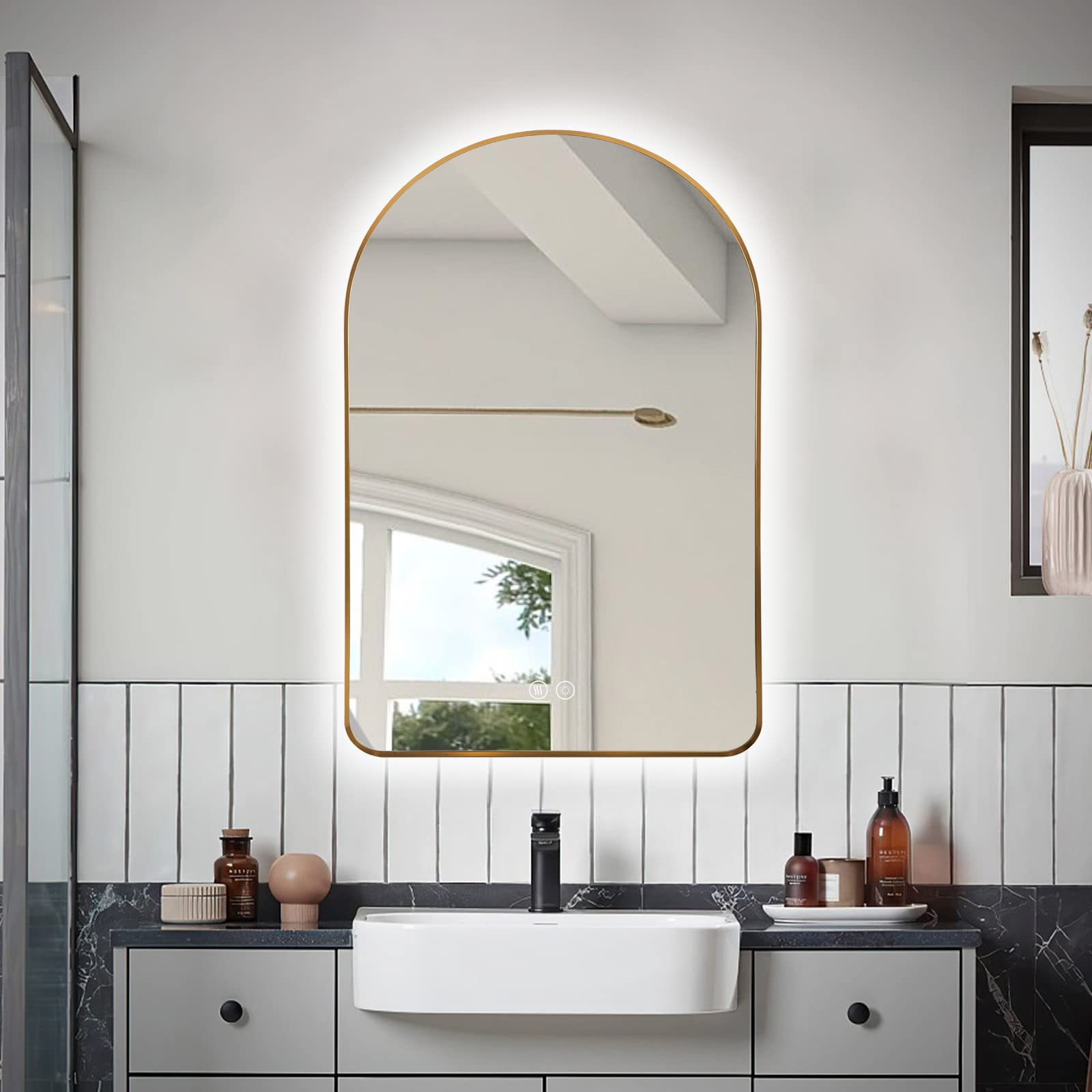 Niccy Arched LED Lighted Bathroom Mirror, 30x20 Inch Backlit Vanity Mirror with Lights Brushed Gold Framed Wall Mounted Mirrors with Dimmable 3 Color Shatterproof Arch Smart Fog Free Mirror