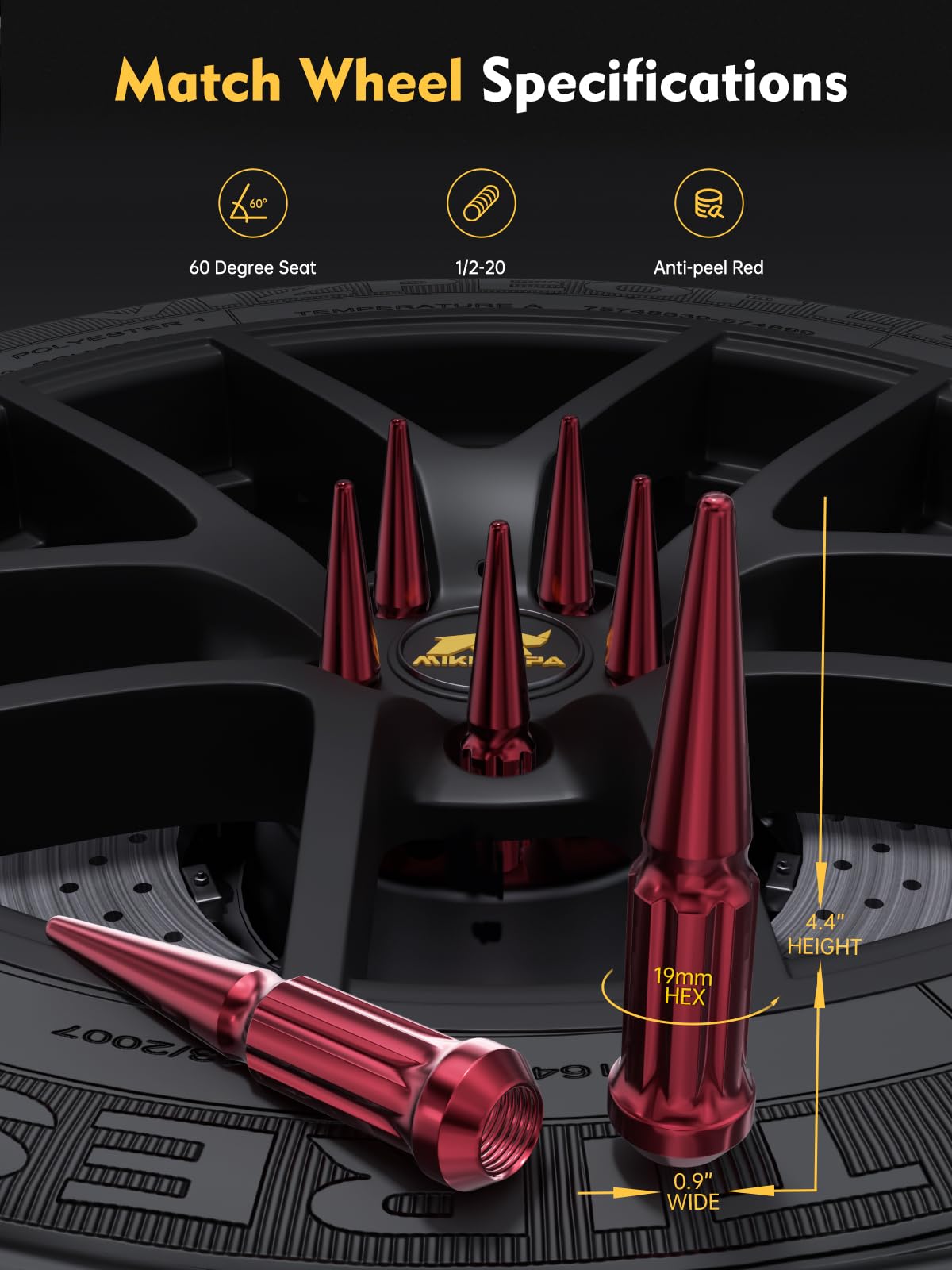 MIKKUPPA 1/2-20 Wheel Spike Lug Nuts, 20pcs Red Spike Lug Nuts 1/2x20 Solid 4.4" Tall Acorn Lug Nut with 1 Socket Key Replacement for Jeep Wrangler Cherokee Liberty