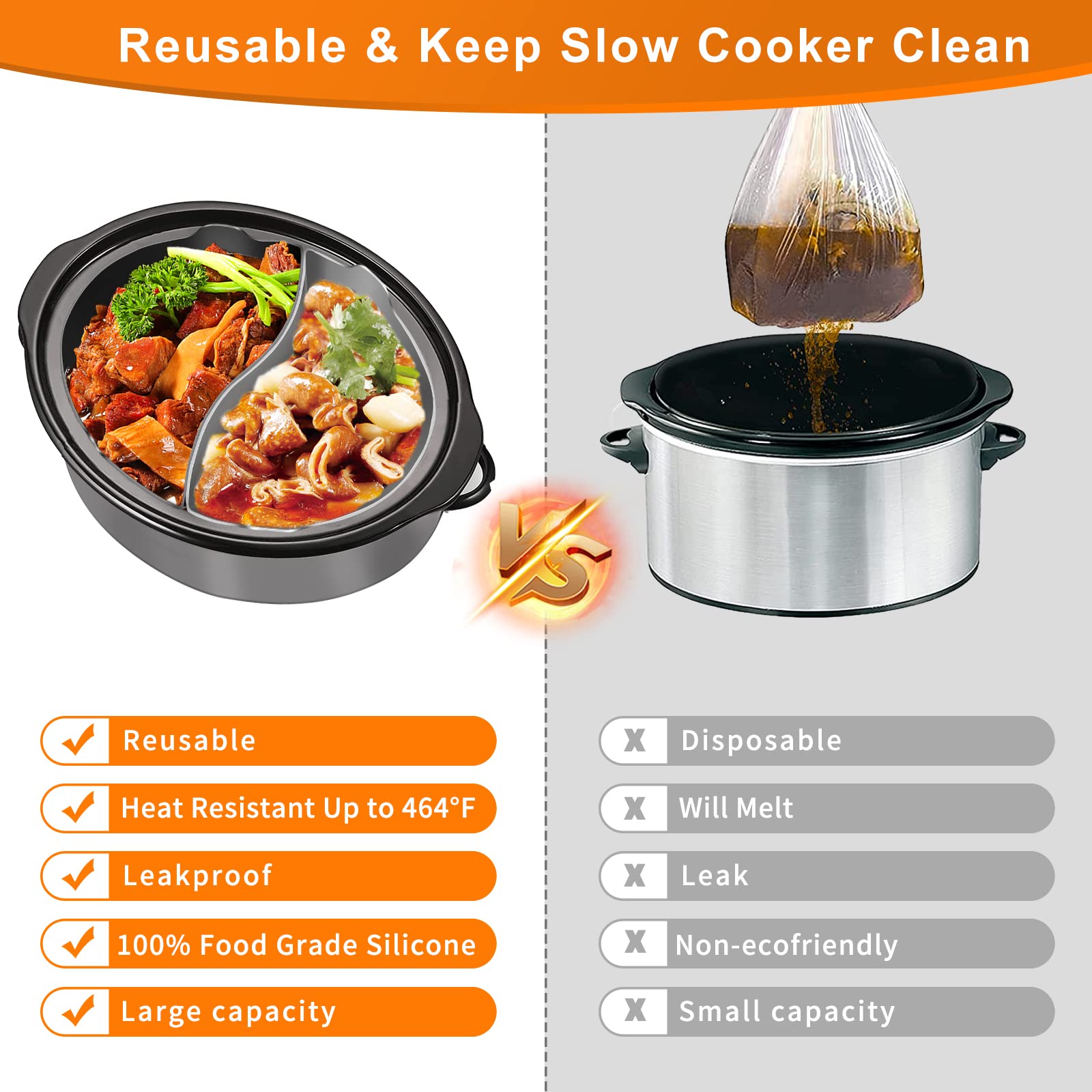 Silicone Slow Cooker Liners Fit 6 QT, Silicone Slow Cooker Divider Liner, Reusable/BPA Free/Leakproof/Slow Cooker Accessories Cooking Liner Dishwasher Safe Cooking Liner for 6 Quart Pot (Grey+Black)