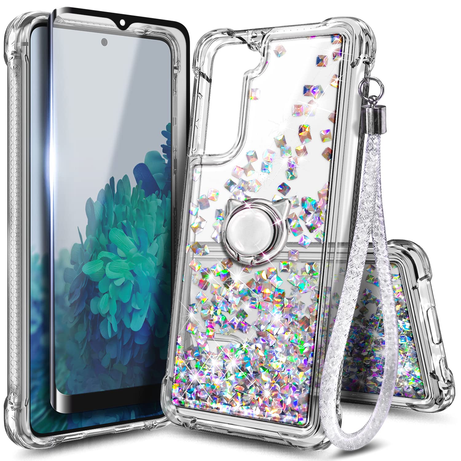 NGB Case for Samsung Galaxy S21 5G with Screen Protector (Maximum Coverage, Flexible TPU Film), Ring Holder, Girls Women Liquid Bling Sparkle Fashion Glitter Clear Cute Phone Case (Gem)