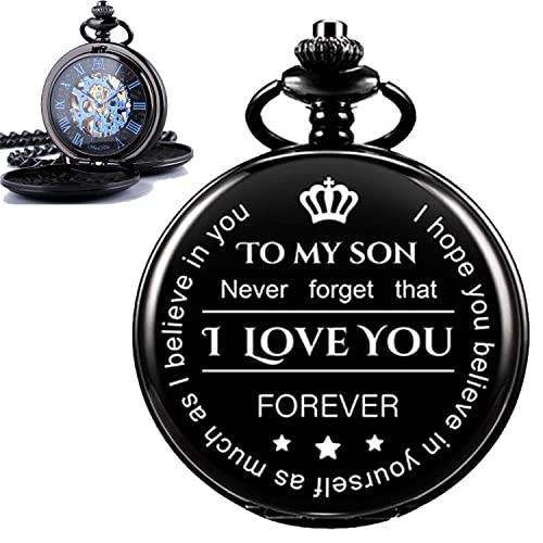 ManChDa Mechanical to My Son Double Cover Roman Numerals Dial Skeleton Personalized Engraved Pocket Watches