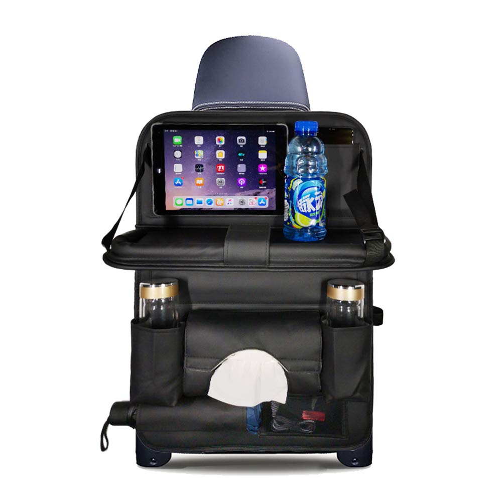 Moikin Car Seat Back Backseat Organizer with Foldable Table Tray, PU Leather Kick Mats Seat Back Protectors with Foldable Dining Table Holder Space Saving Pocket Storage for Baby and Kids (Black)
