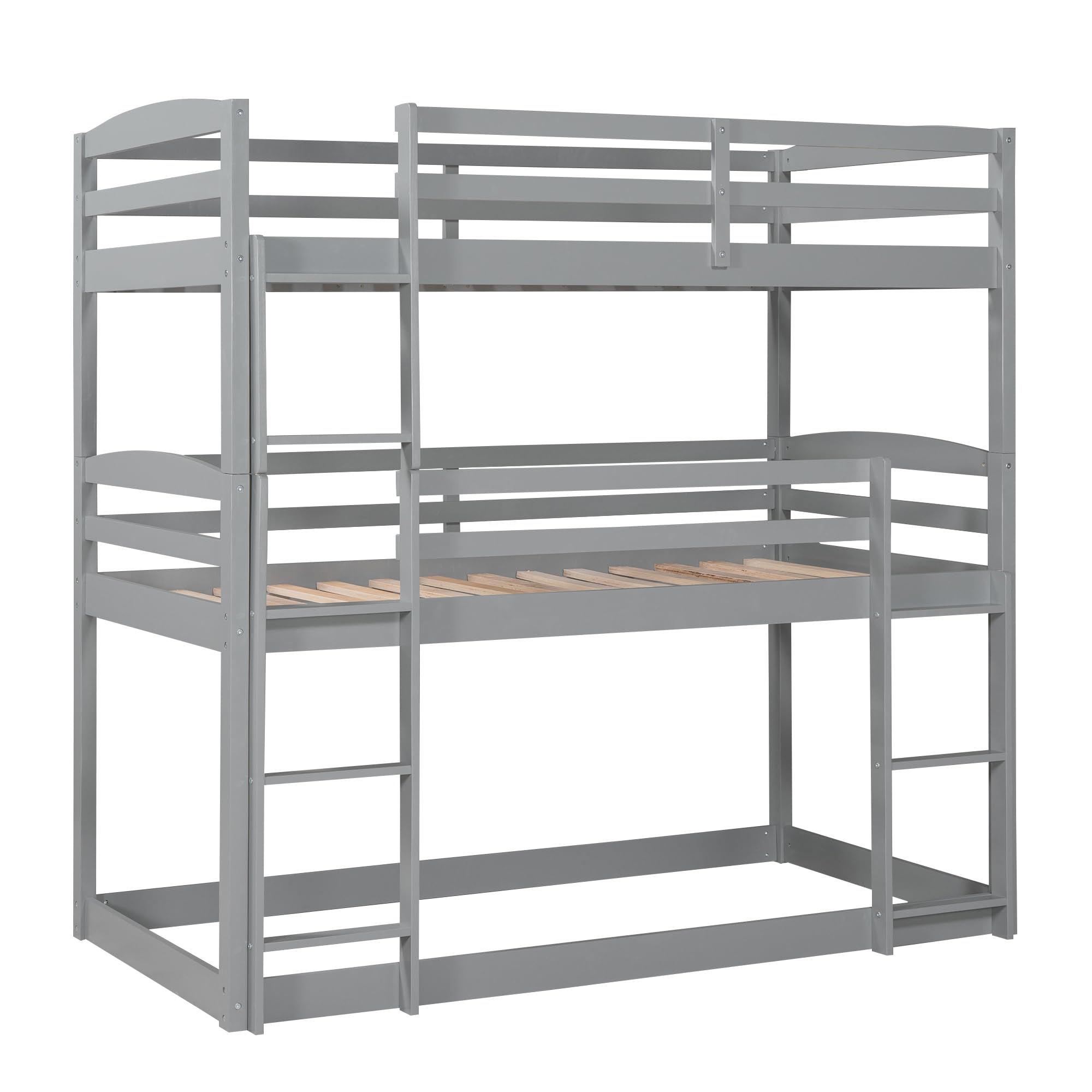 Merax Twin Triple Bunk Bed, Wood Twin Size Triple Bed Frame with Guard Rail and Ladder, Can be Divided into Separate Beds, Gray