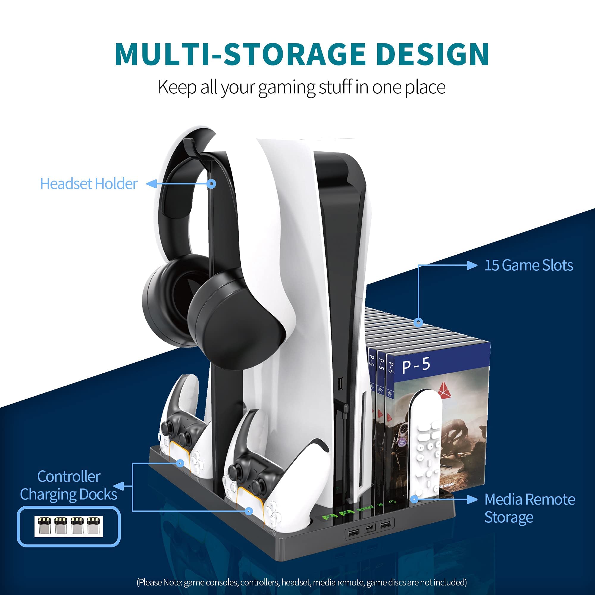 PS5 Accessories Cooling Stand with Headset Holder and AC Adapter, for PlayStation 5 Disc & Digital Editions Dual Controllers Charger，Game Disc Slots and Media Remote Organizer