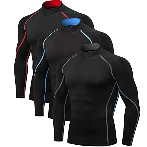 Odoland 3 Pack Mens Long Sleeve Compression Shirts, Mock Turtleneck Shirts, Active Workout Cool Dry Athletic Base Layer Top, Black+Grey/Black+Blue/Black+Red, L