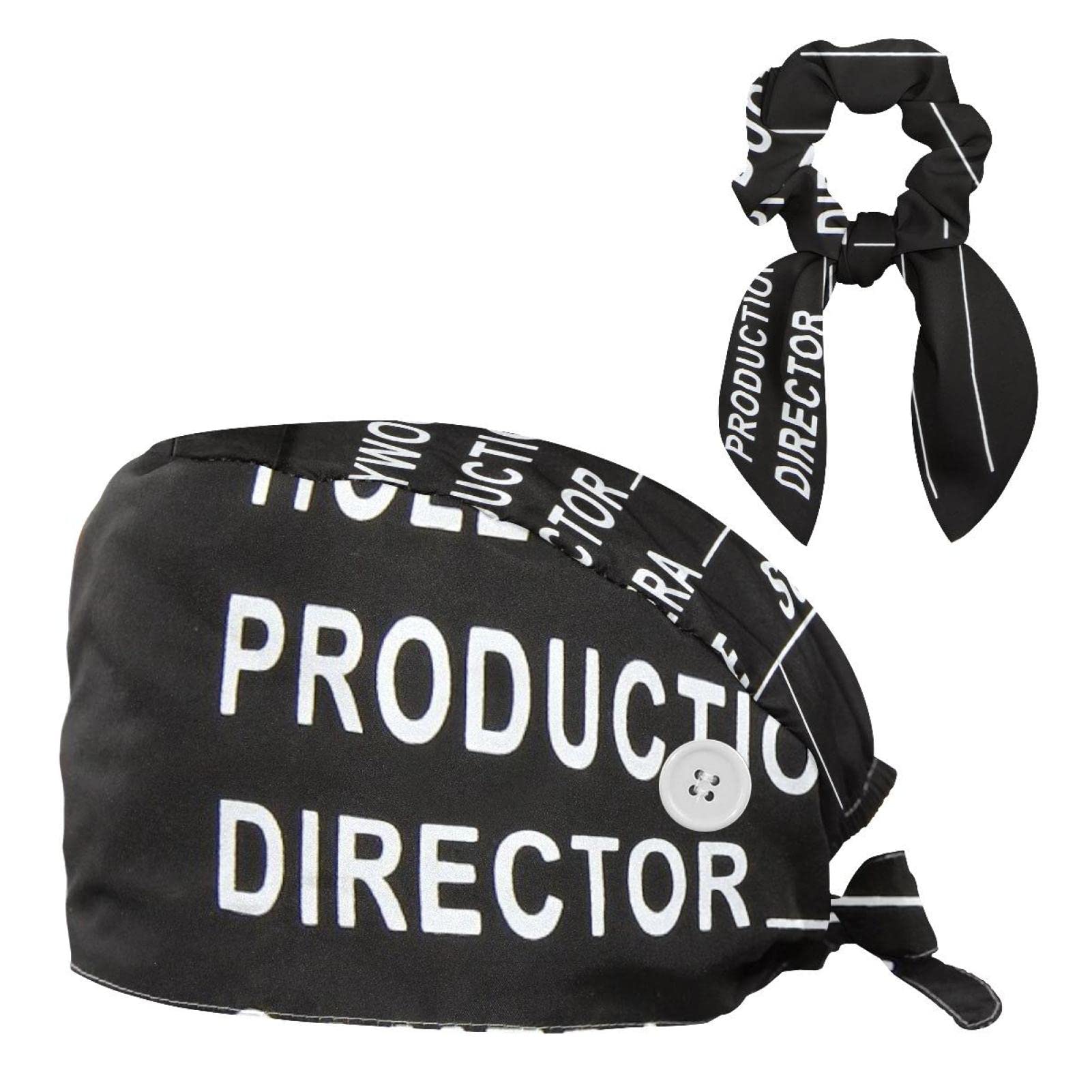 Movie Cinema Lapper Board Nurse Scrub Caps Women Long Hair Adjustable Working Cap with Button and Bow Hair Scrunchie