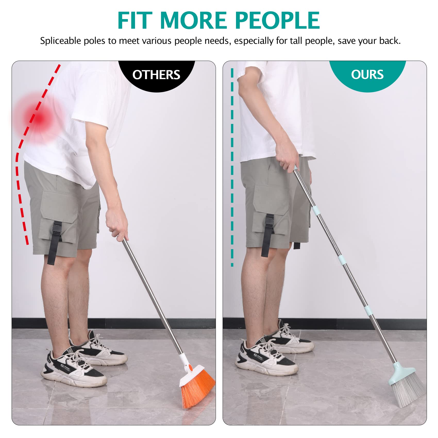 XXXFLOWER Broom and Dustpan Set for Home, Broom with Dustpan Cleaning Teeth Combo Set, Indoor Sweep Broom, 55โ Long Handle Broom for Office Home Kitchen Lobby Floor, Bluish Green
