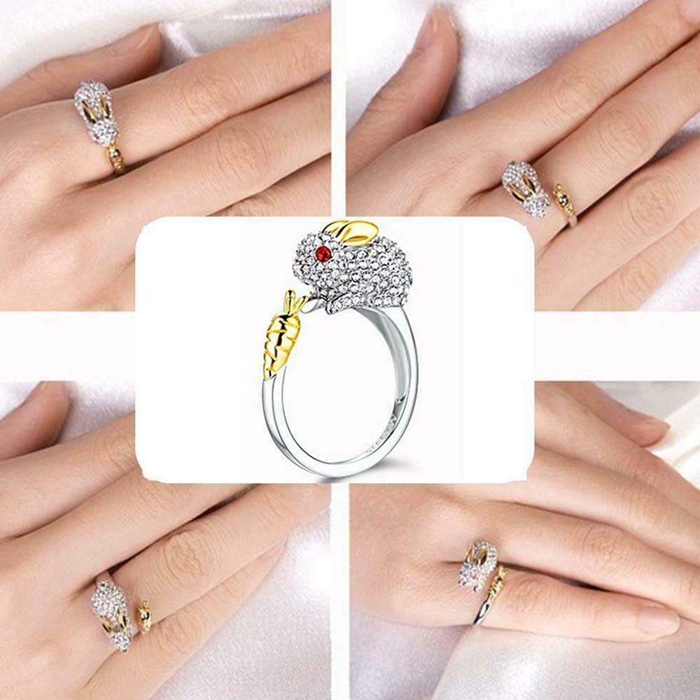 NIANWUDU Wixine 2Pcs Cute Finger Ring Crystals Bunny Jewelry Animal for Women Rabbit Rings &Pig Rings Adjustable