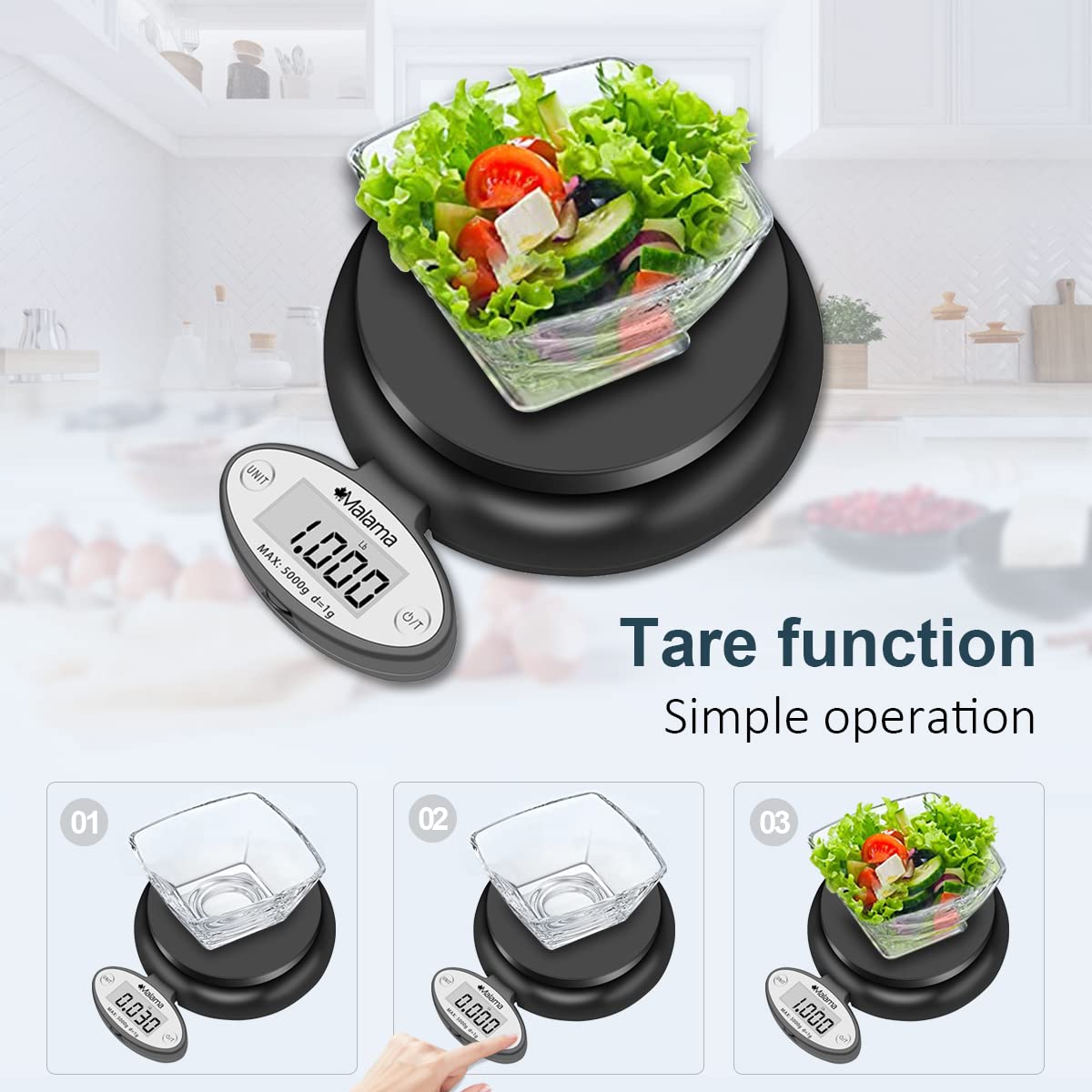 Malama Kitchen Scale Foldable, Small Food Scale for Cooking, Multifunctional Office Accurate Weighing Scale with 0.1oz/1g Increment, 11lb/5kg Capacity, Black (Batteries Included)