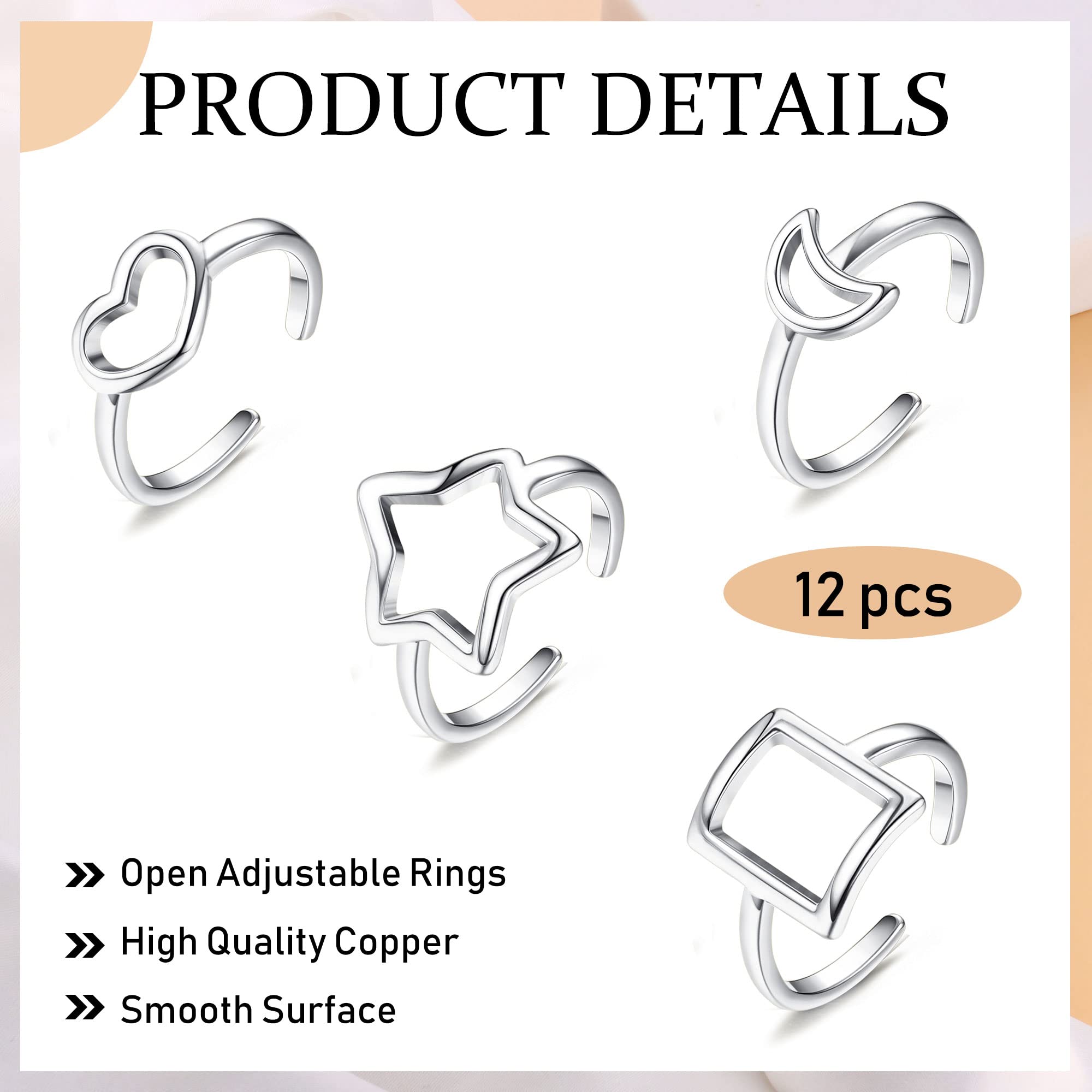 Sanfenly 12Pcs Adjustable Rings for Women, Knuckle Stacking Rings, Open Ring, Silver Gold Rose Gold Arrow Knot Wave Star Moon Circle Stackable Thumb Open Ring Set
