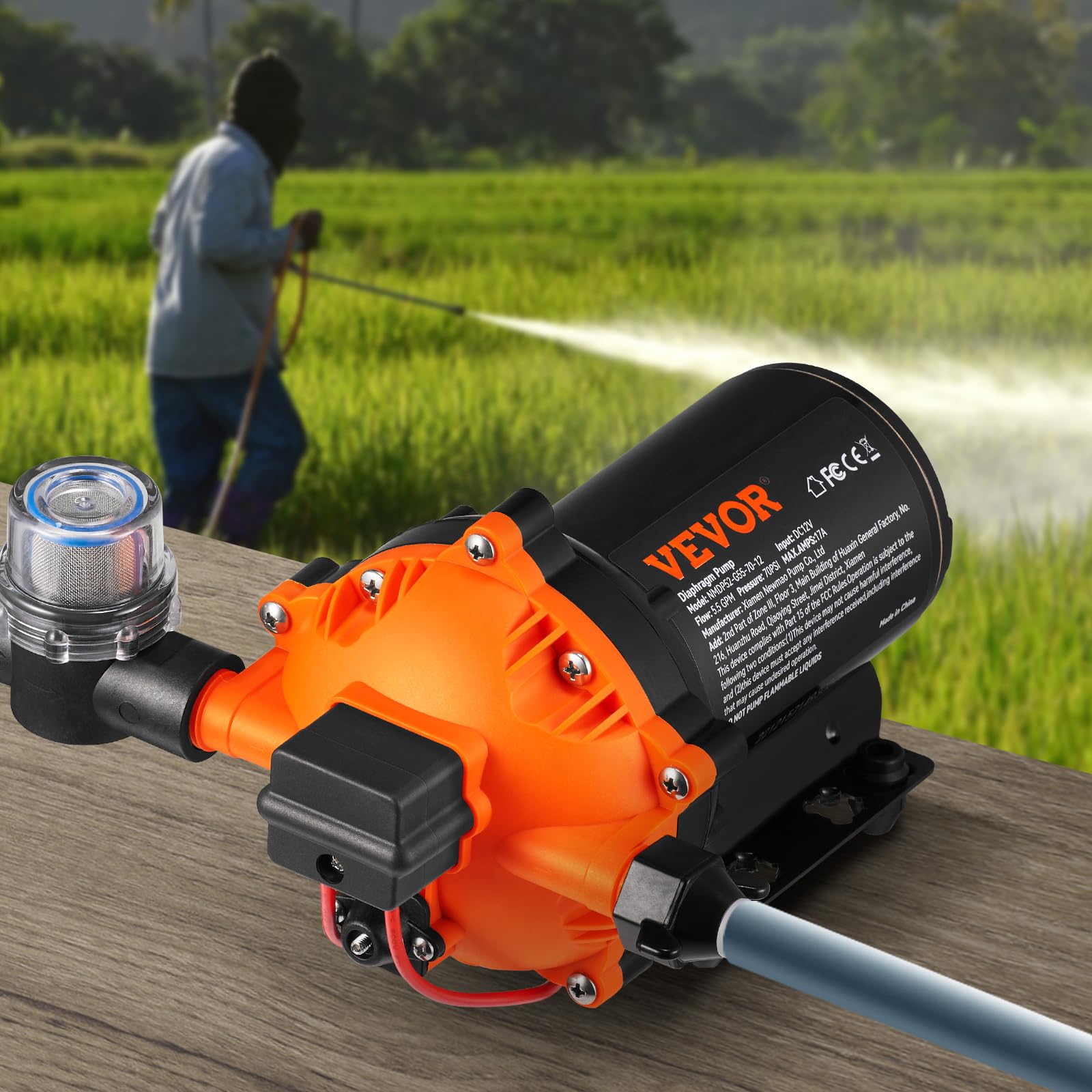 VEVOR Water Diaphragm Pump, 12V DC, 5.5 GPM Flow, 70 PSI Rated Pressure (40-100 PSI Adjustable), 1/2" MNPT Self Priming Sprayer Pump with Pressure Switch for Car Washing, Agricultural Irrigation