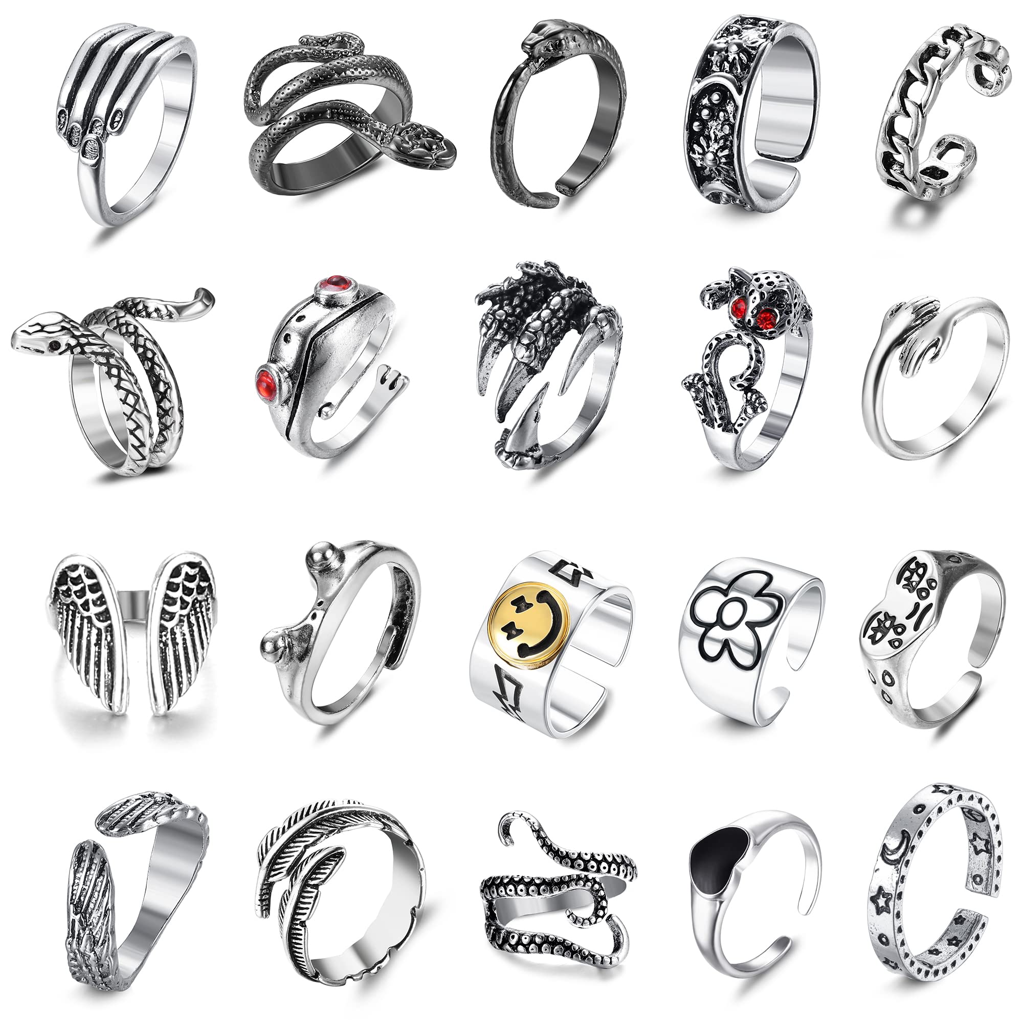 SAILIMUE 20 Pcs Goth Punk Rings for Men Women Adjustable Cool Vintage Silver Emo Ring Set Snake Frog Claw Open Stackable Gothic Ring Pack