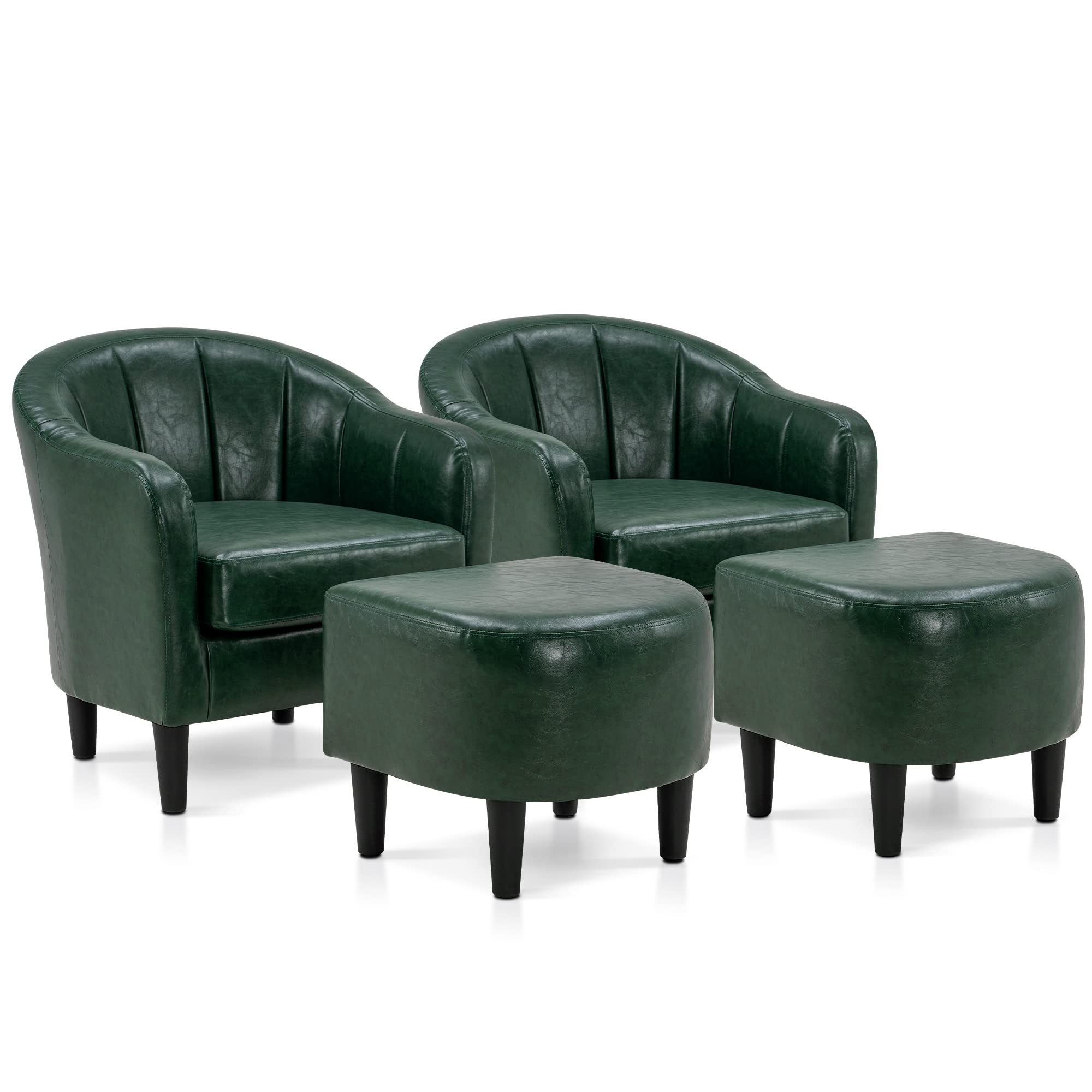 MCombo Accent Chair with Ottoman Set of 2, Faux Leather Upholstered Barrel Armchair for Living Room, Small Space, Corner 4022 (Green)