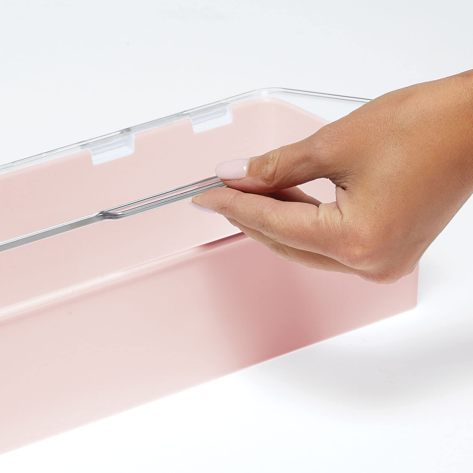 mDesign Long Plastic Household Stackable Storage Organizer Box Containers with Hinged Lid for Bedroom, Bathroom, Entryway, Hallway, Kitchen, Garage, Playroom, or Craft Room, Light Pink/Clear