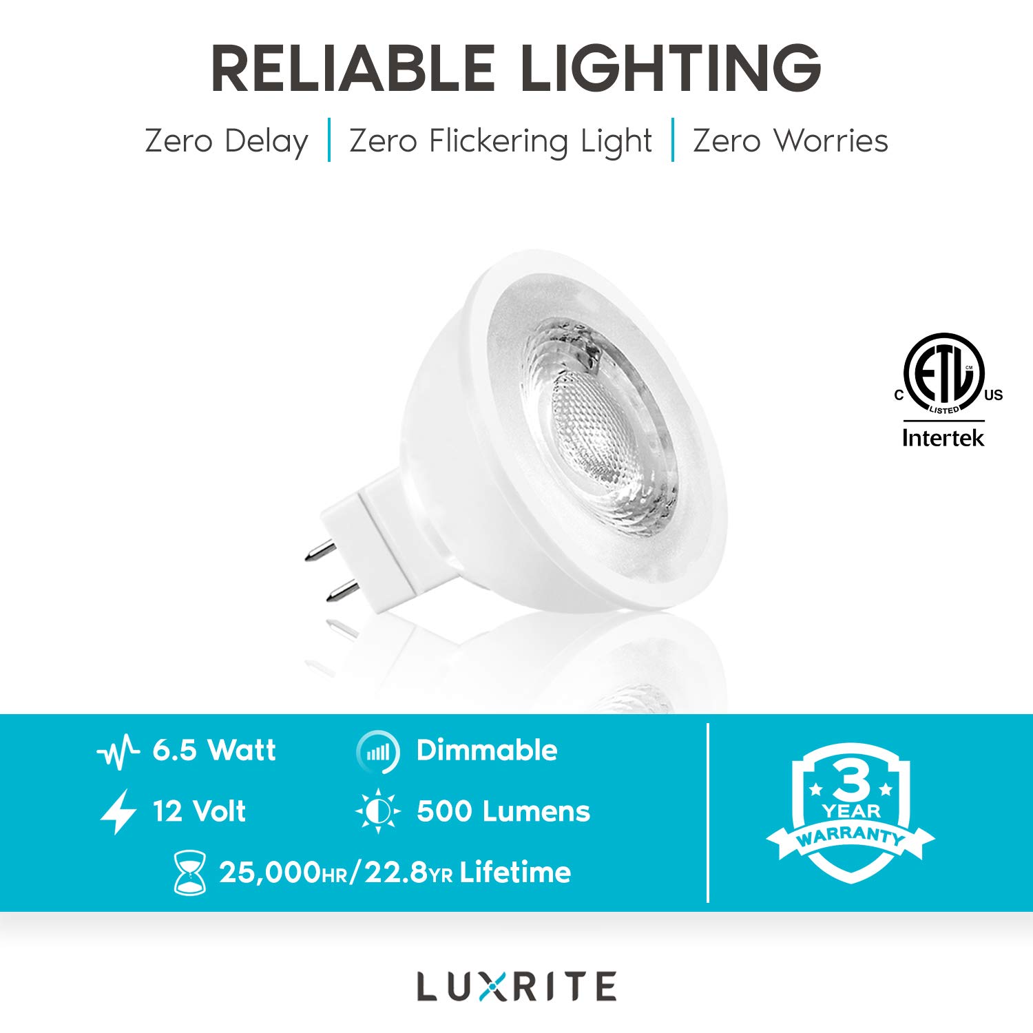 LUXRITE MR16 LED Bulb 50W Equivalent, 12V, 3000K Soft White Dimmable, 500 Lumens, GU5.3 LED Spotlight Bulb 6.5W, Enclosed Fixture Rated, Perfect for Track and Home Lighting (12 Pack)