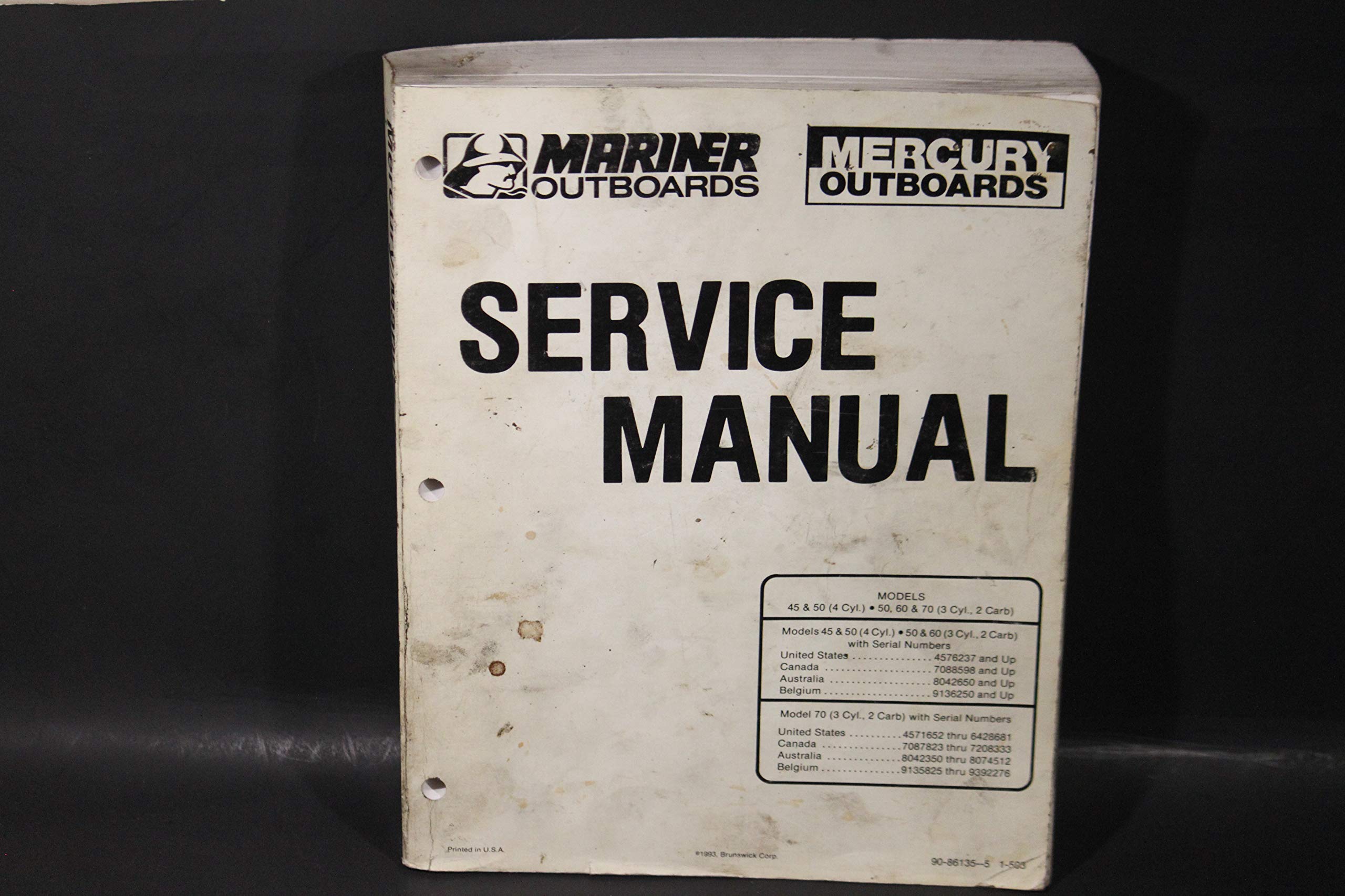 Mercury / Mariner Outboards Service Manual Models 45, 50 (4 Cyl.) with Serial Numbers 4576237 and up 50, 60, 70 (3 Cyl., 2 Carb) with Serial Numbers 4571652 Thru 6428681