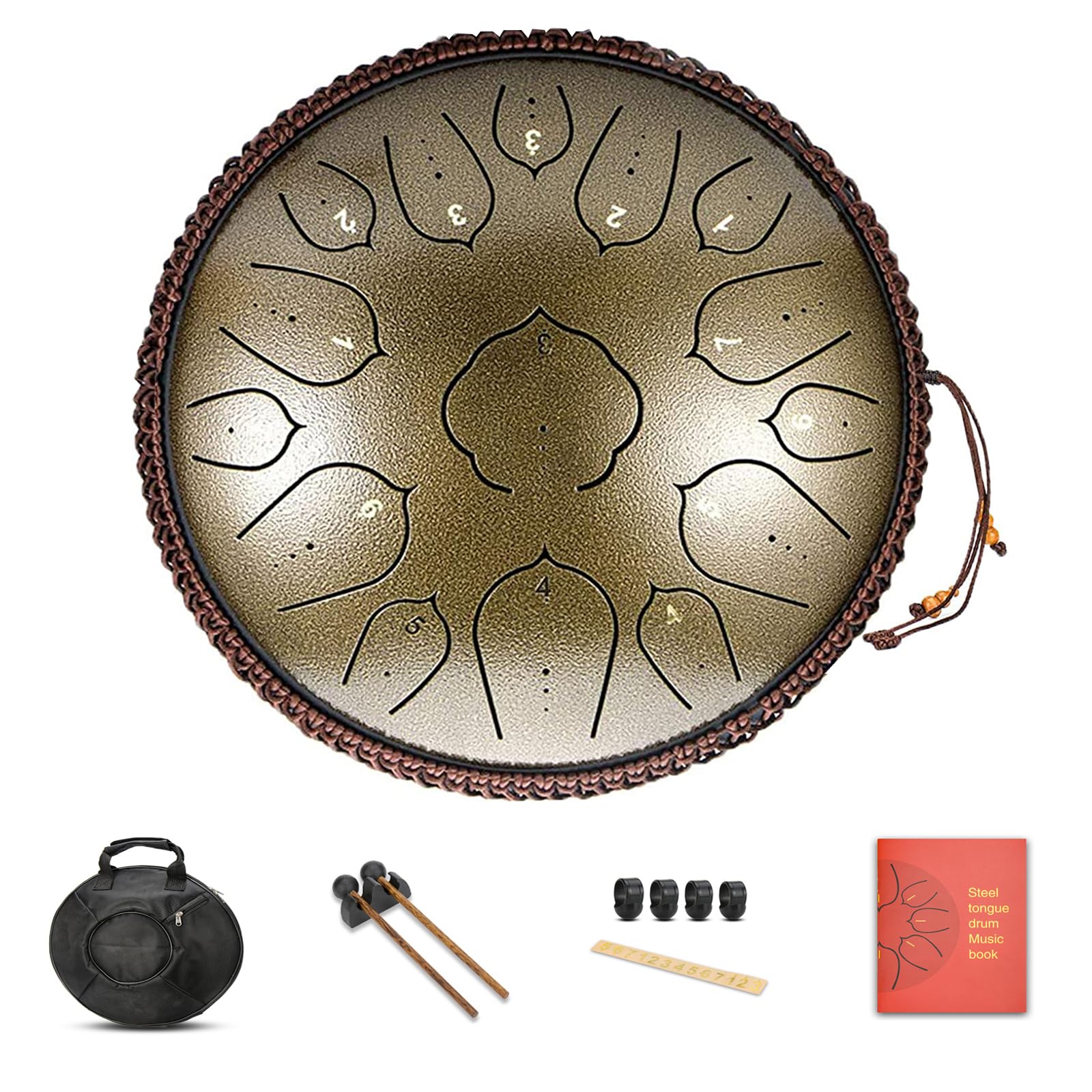 Steel Tongue Drum,Premium 14 Inch 15 Notes D Minor Hand Steel Drum,Adult's Steel Drum instrument,Clean Clear Ethereal Sounds,Oil Brown