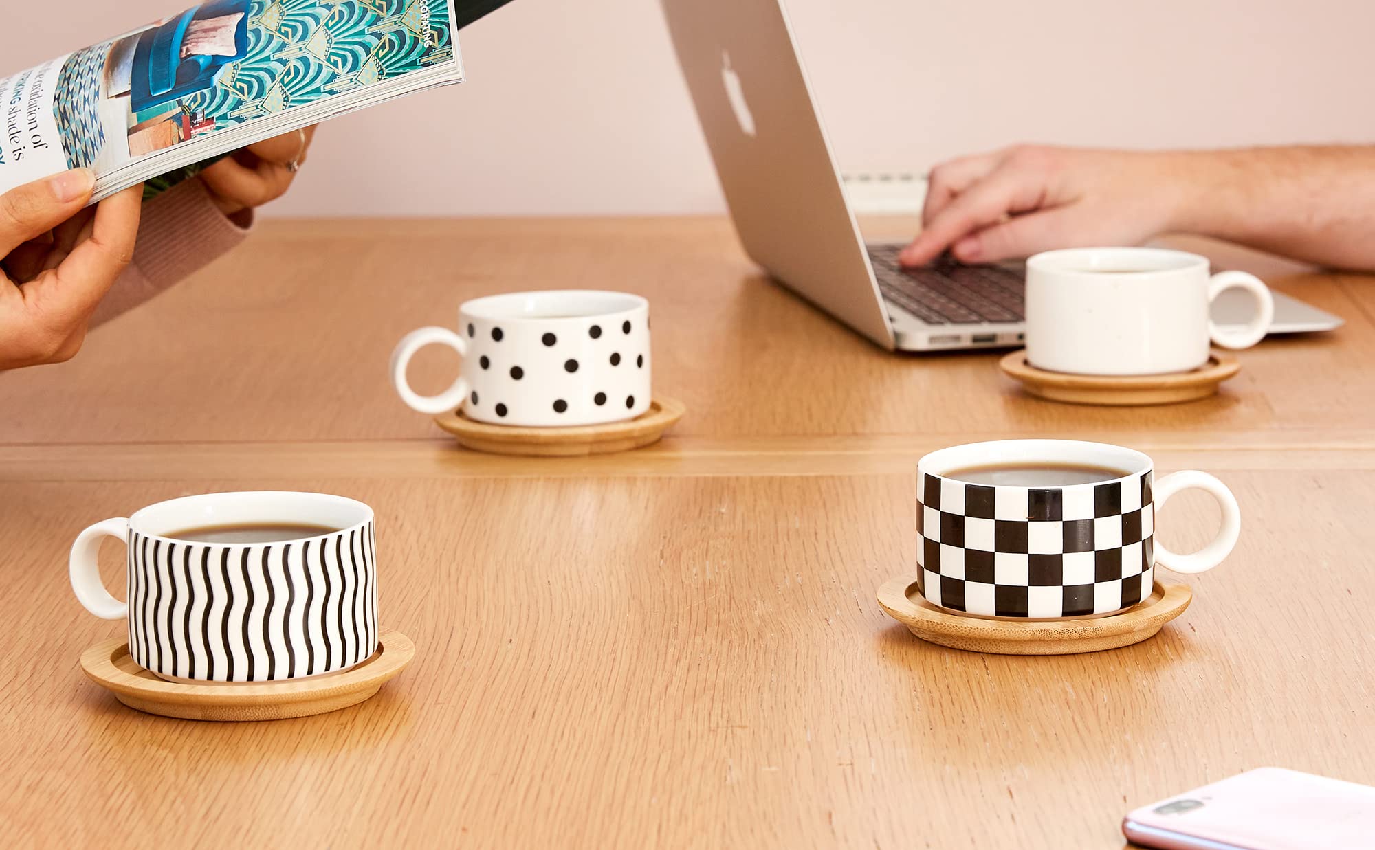 SUPERLY Stackable Espresso Cups Set of 4 - Espresso Mugs with Wooden Saucers, Metal Stand - Durable Porcelain Espresso Cup - Easy To Clean, Dishwasher-Safe - Modern Coffee, Latte, Tea Mug Set - 6 Oz