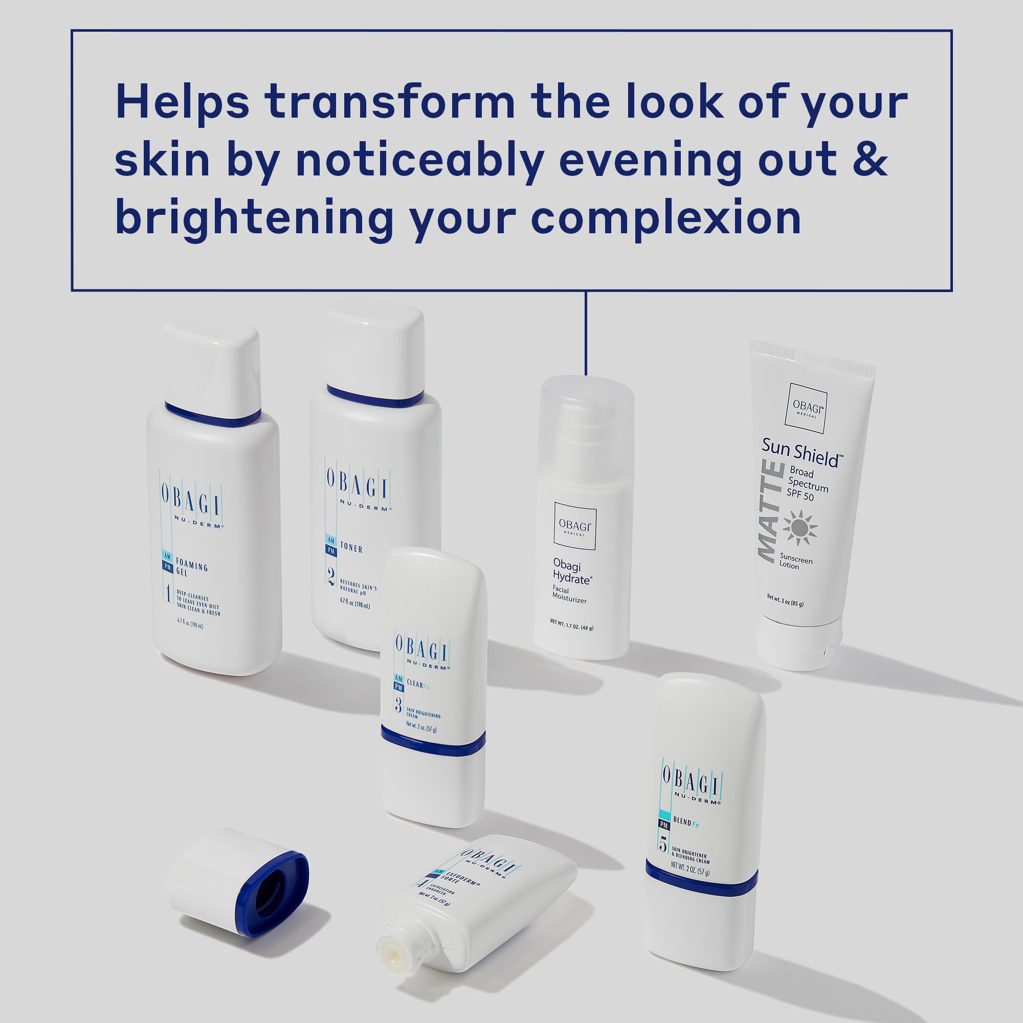 Obagi Medical Nu-Derm Fx System Normal to Oily Bundle - Includes: Foaming Gel, Toner, Clear, Exfoderm Forte, Blend. Hydrate and Sun Shield.