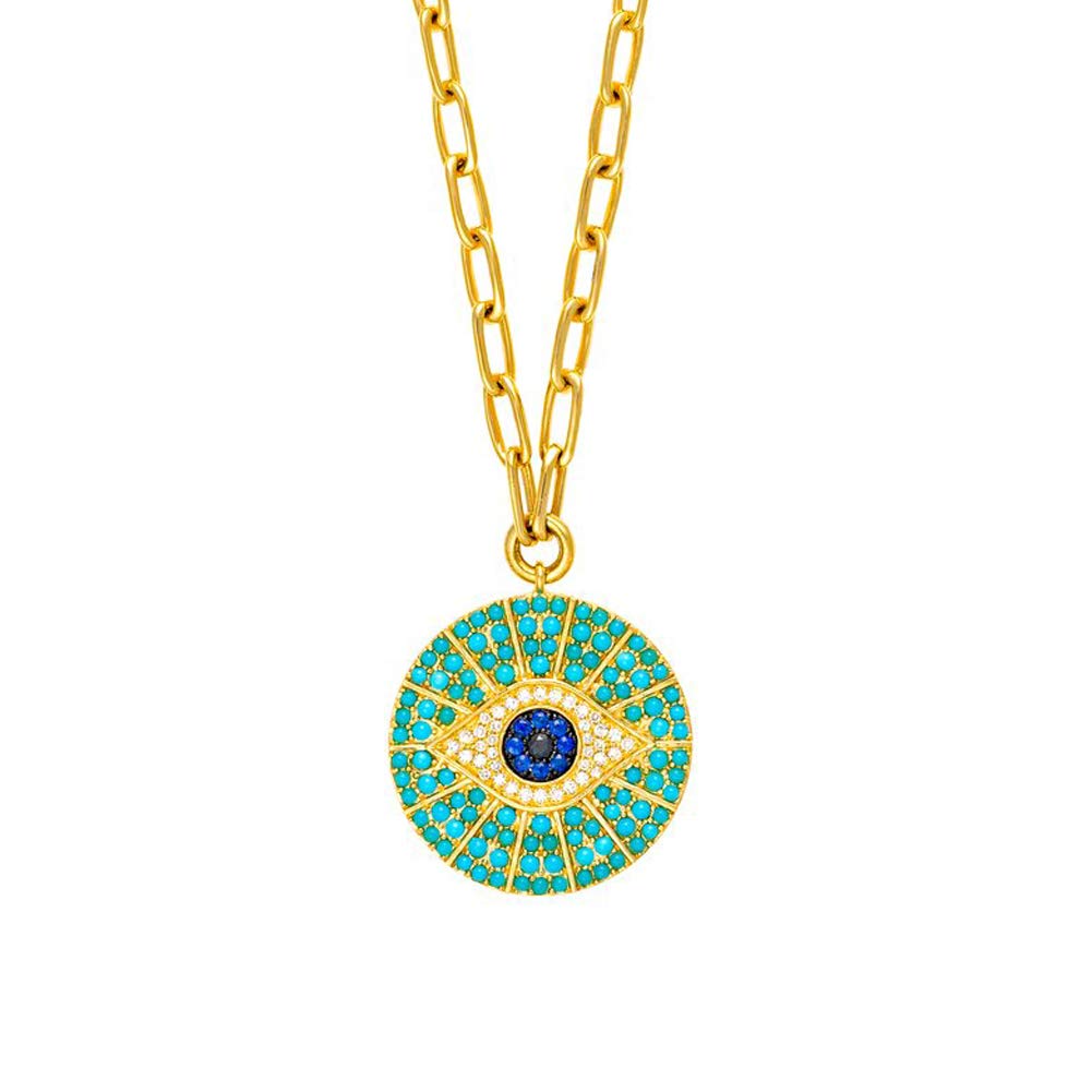 Obidos 14k Gold Plated Evil Eye Turquoise Pendant Necklace for Women 18-20Inch,Round Circle Disk Minimalist Jewelry