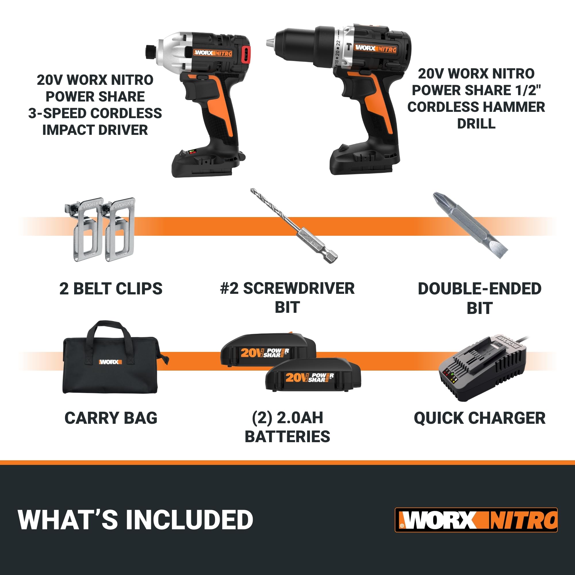 Worx Nitro 20V Impact Driver and Drill Driver with Brushless Motor, Drill Set with Storage Bag, Compact Drill and Driver Combo, Power Share Compatible WX960L β Batteries & Charger Included