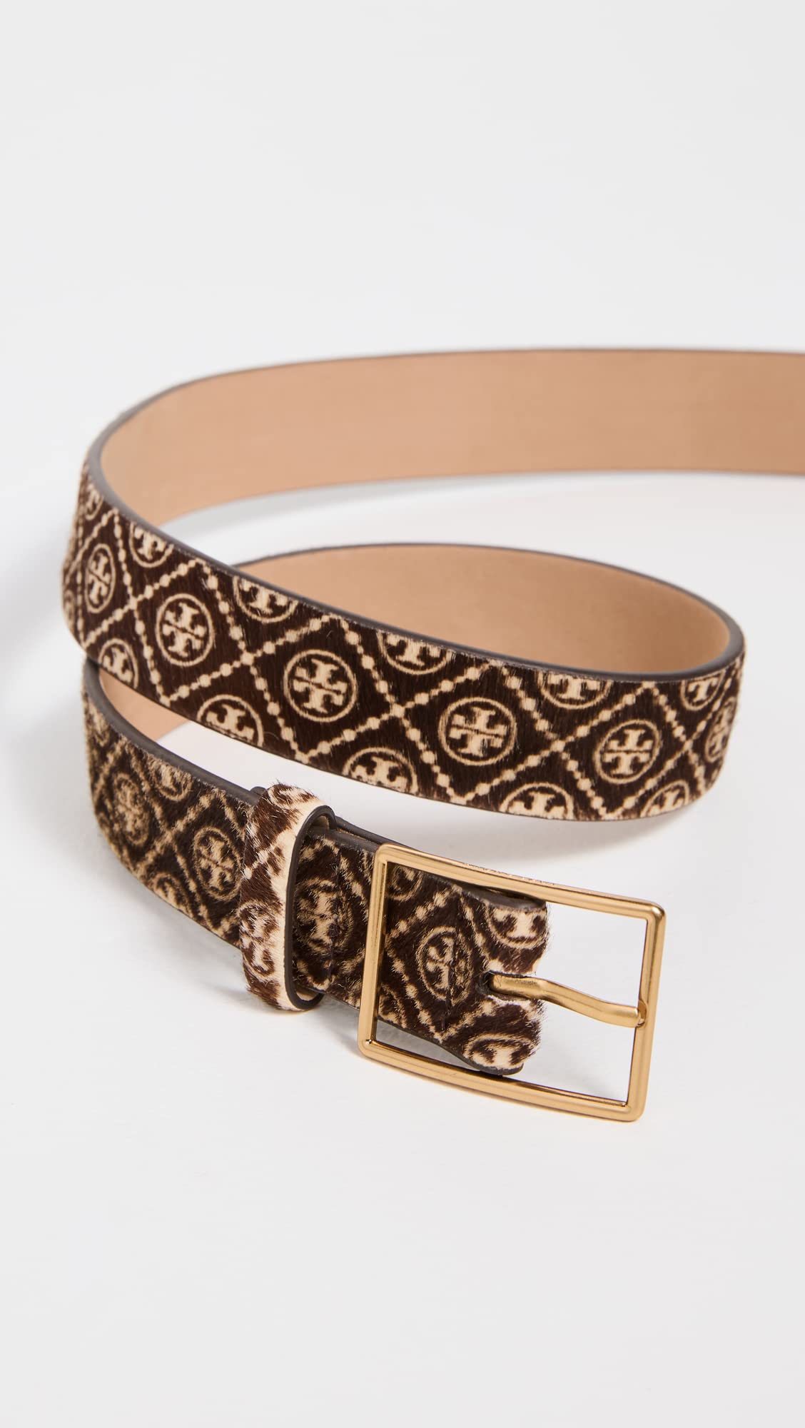 Tory Burch Women's 1" T Monogram Haircalf Belt, Cold Brew, Brown, Print, S