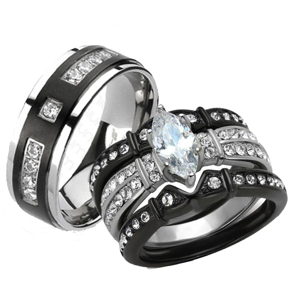 Marimor Jewelry Her and His 4 Piece Black Stainless Steel and Titanium Wedding Engagement Ring Band Set Size Women's 07 Men's 08