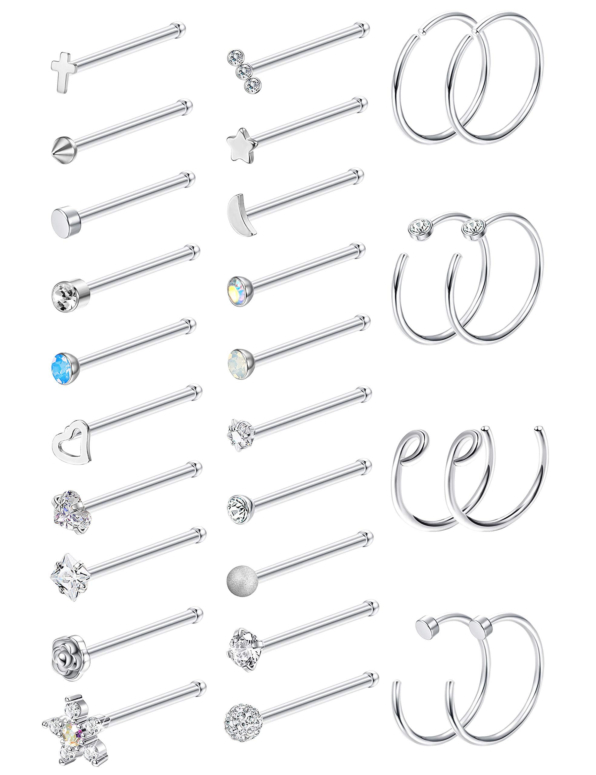 MILACOLATO 28Pcs 20G Nose Rings for Women | 316L Surgical Stainless Steel Nose Rings Hoops | Hypoallergenic Straight Shaped Nose Rings Studs | Nose Piercing Jewelry for Women Men