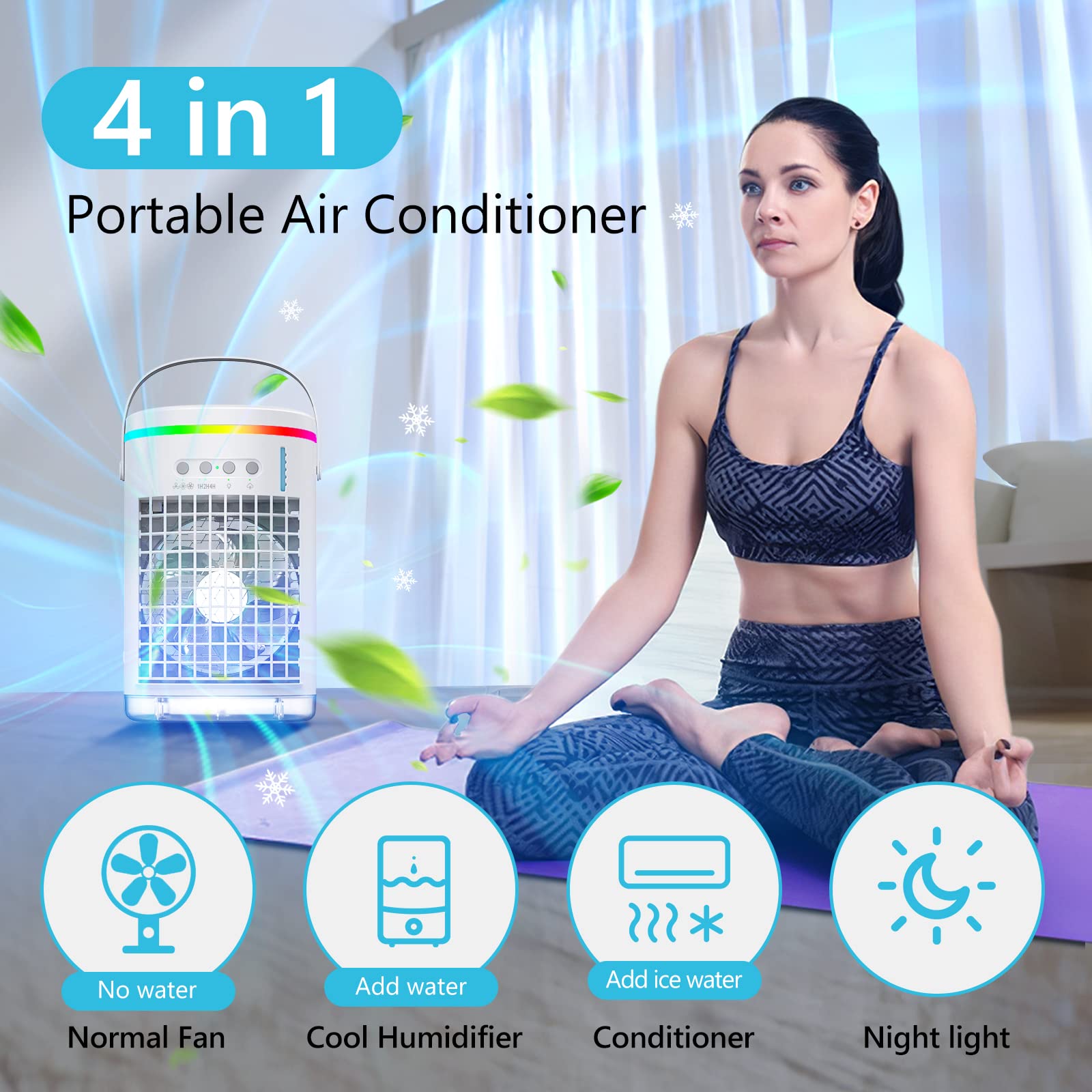 Vosaf Portable Air Conditioners Fan,1400ml Evaporative Mini Air Conditioner with 7 Colors Light,3 Speeds, White