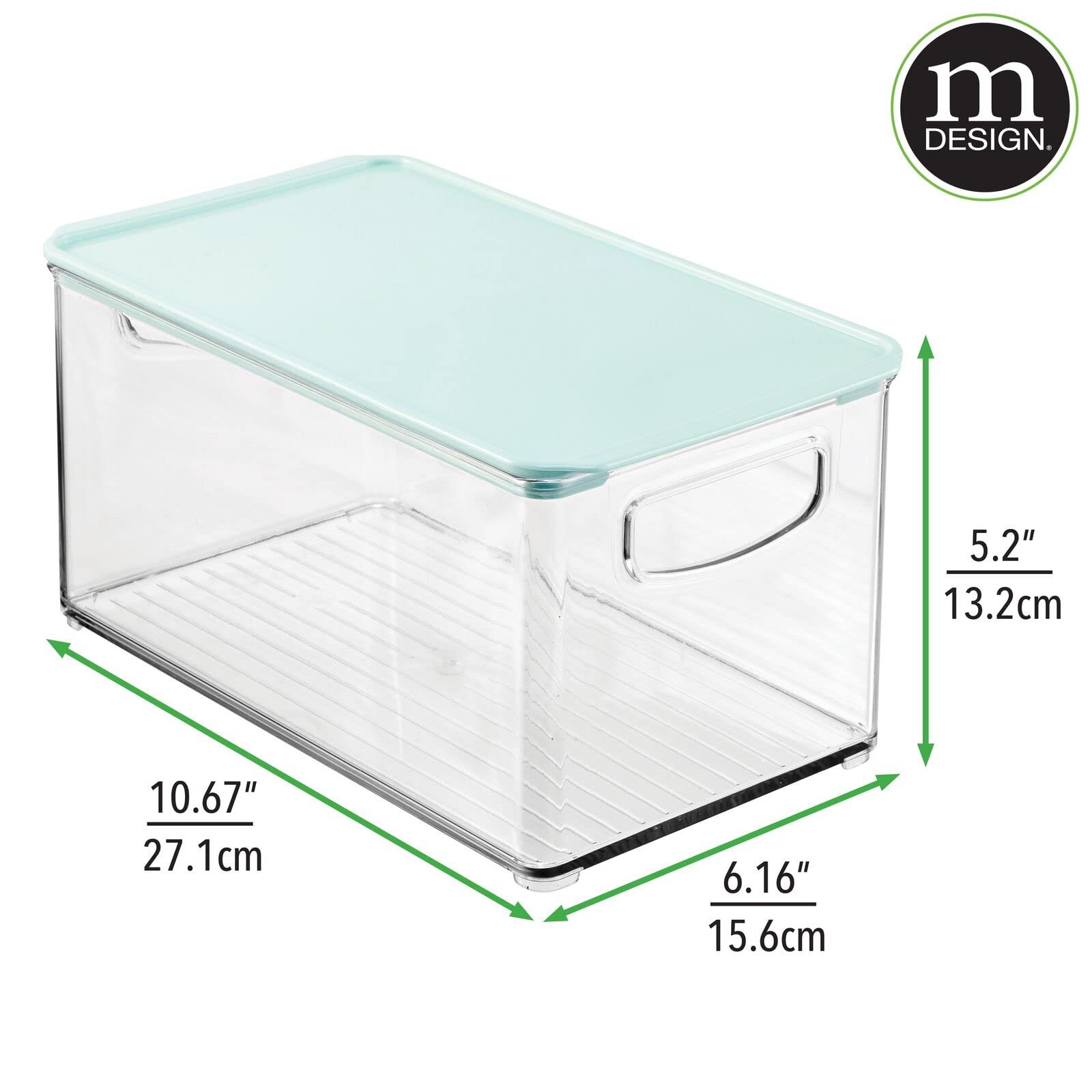 mDesign Plastic Storage Bin Box Container, Lid - Built-In Handles - Organization for Toys, Games, Accessories in Play or Game Room, Cabinet, Shelves, Cubby, Ligne Collection, 4 Pack, Clear/Mint Green