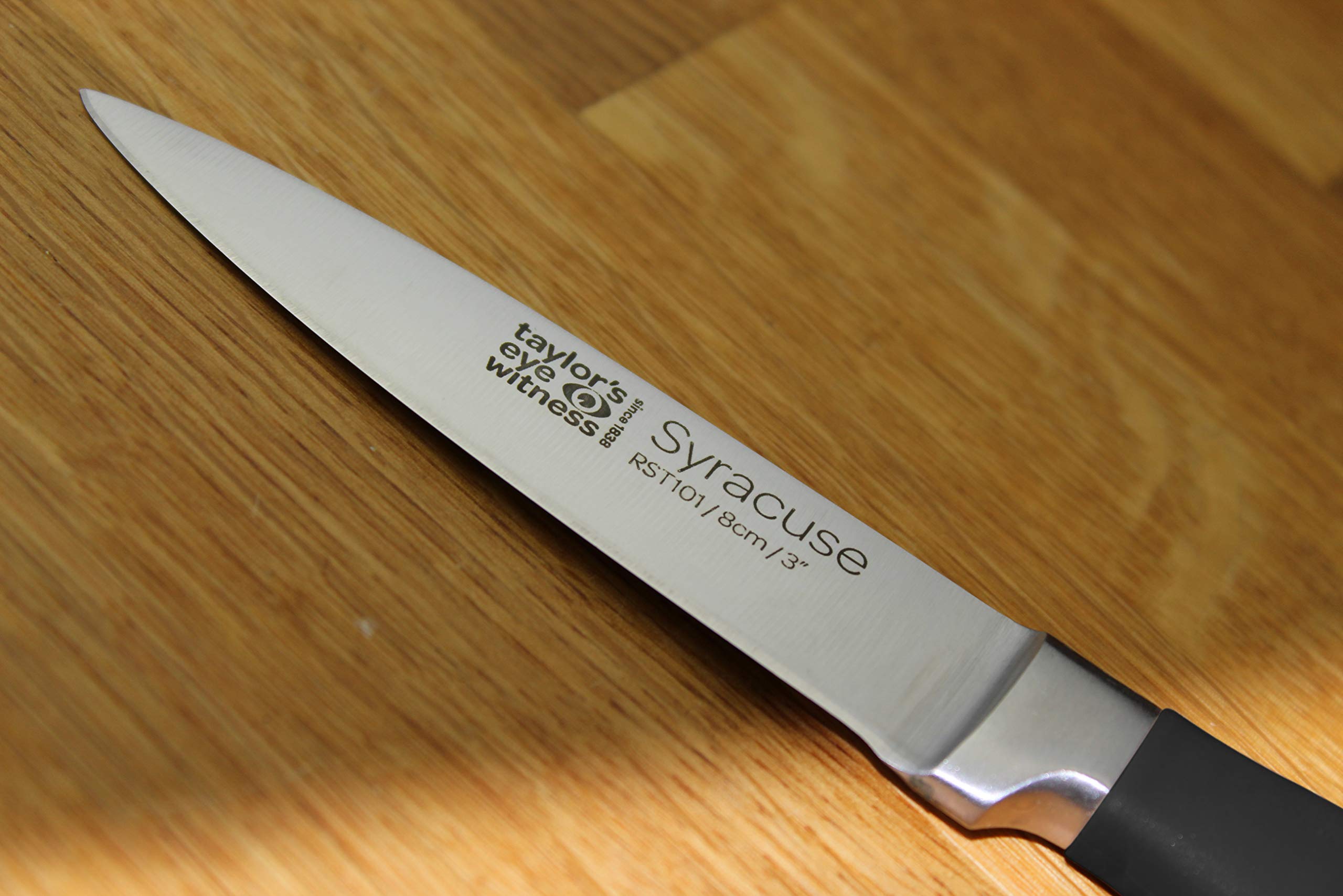 Taylors Eye Witness Syracuse Vegetable Paring Kitchen Knife - Professional 8cm/3.5β Cutting Edge, Multi Use. Ultra Fine Blade, Precision Ground Razor Sharp. Soft Textured Grip Matte Black Handle.
