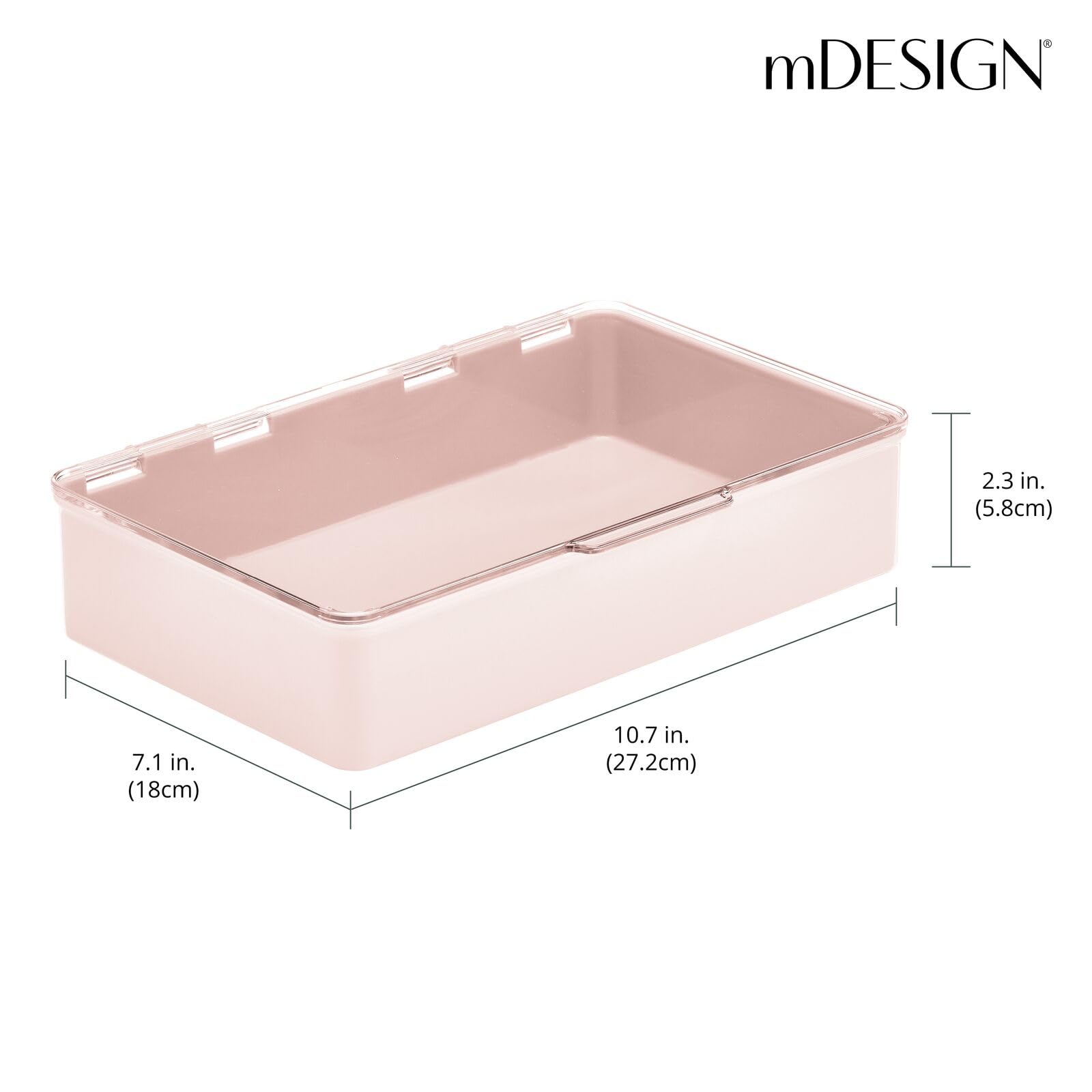 mDesign Plastic Household Storage Bin Box Organizer Container with Hinge Lid for Kitchen, Office, Bathroom, Bedroom, Hold Food, Snacks, Makeup, Toys, Work Supplies, Accessories, Light Pink/Clear
