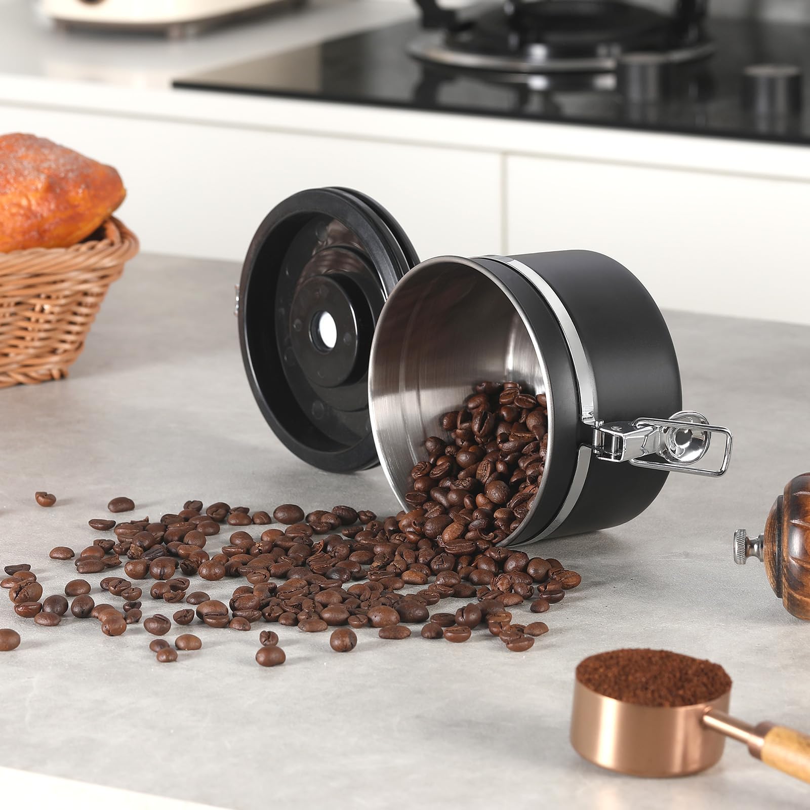 malmo Coffee Canister,Airtight Coffee Container with Date Tracker Lid, Stainless Steel Canister for Kitchen Food Storage 9oz, Black (22, Cylinder, 1, KF) (GY 22oz)
