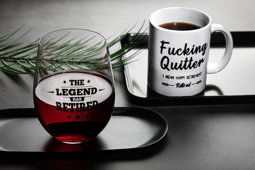 PUGED Unique Retirement Gift for Men Gifted Package Set 11 oz Coffee Mug and 18 oz Stemless Wine Glass Funny Male Retired Idea Goodbye Gift for Coworkers Office, Grandpa, Dad and Husband