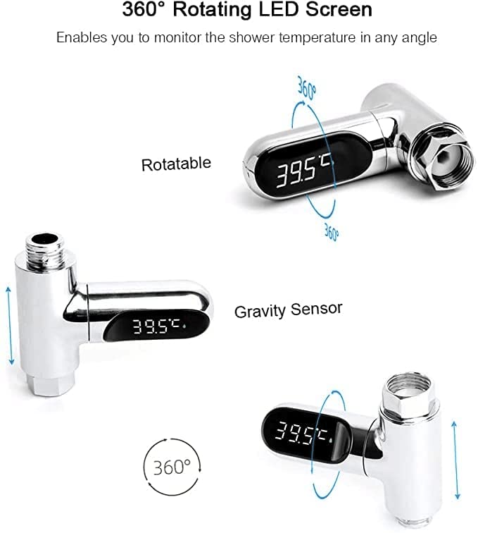 Shower Water Thermometer, LED Digital Display 0~100℃ Baby Bath Water Thermometer Celsius/Fahrenheit Display rotatable Screen for Home Kitchen Bathroom (Silver)