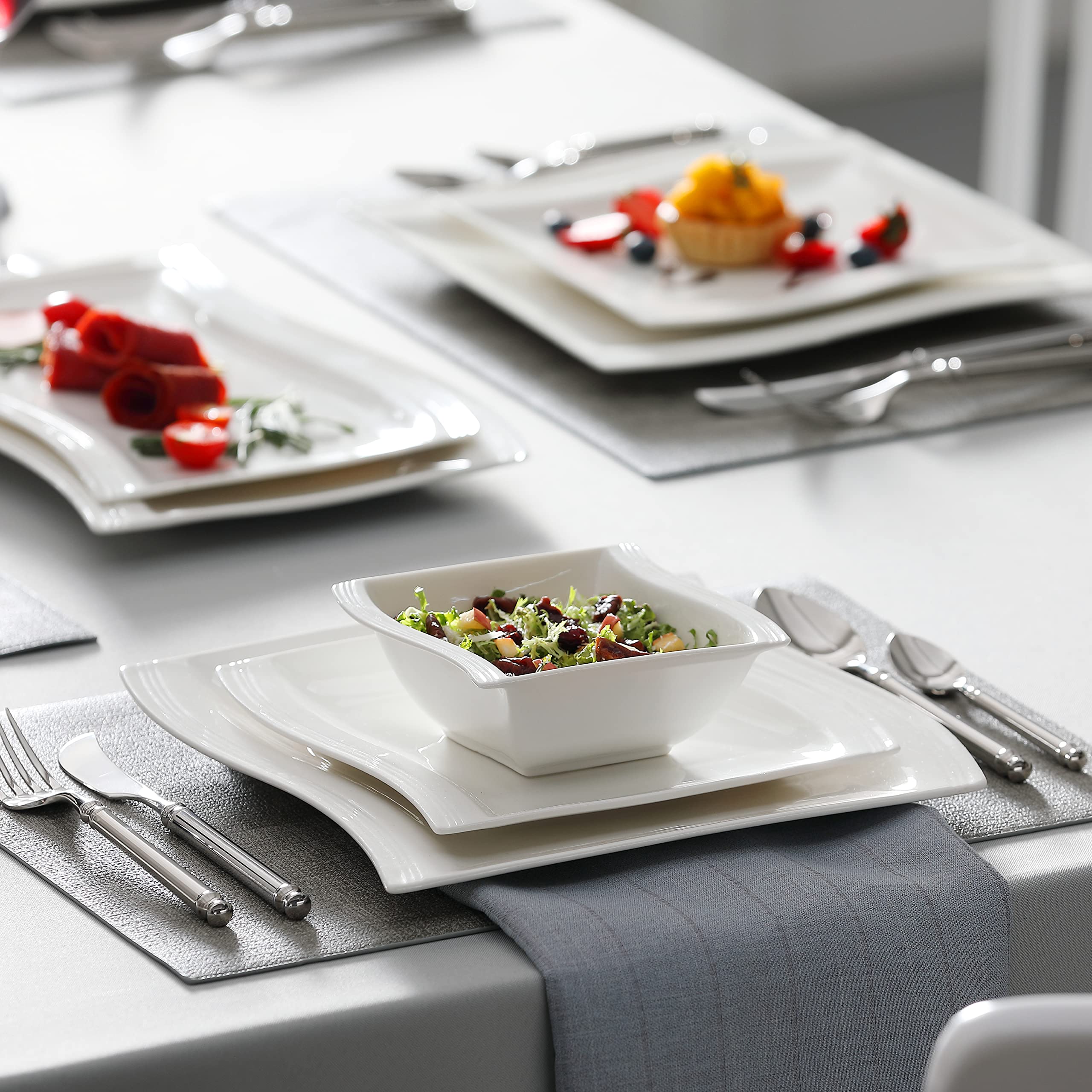MALACASA Plates and Bowls Sets, 36-Piece Ivory White Square Dinnerware Sets for 6, Porcelain Kitchen Plate Bowl Set, Dishes, Cup and Saucer Set, Modern Dinnerware Set, Series Flora