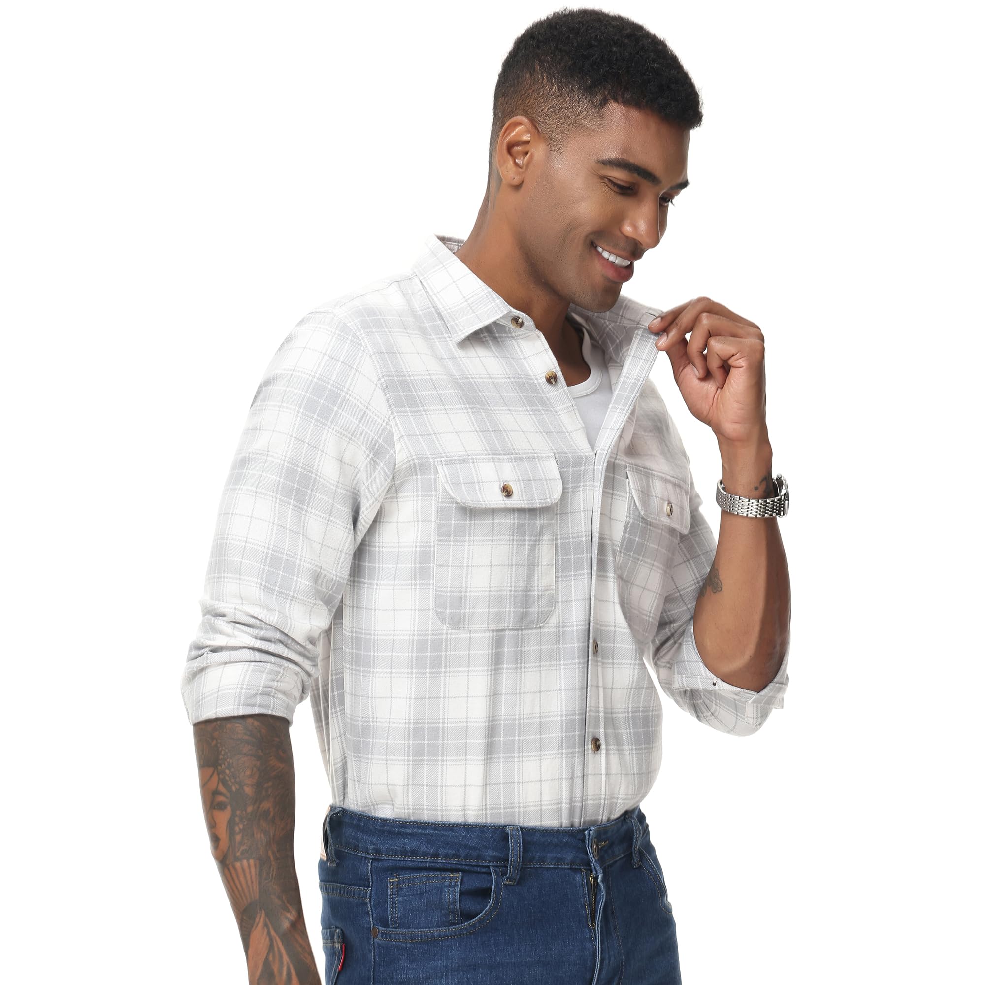 MCEDAR Regular Fit Plaid Flannel Shirts for Men Lightweight Long Sleeve Casual Button Down Shirt (Cream Plaid 11216,2XL)