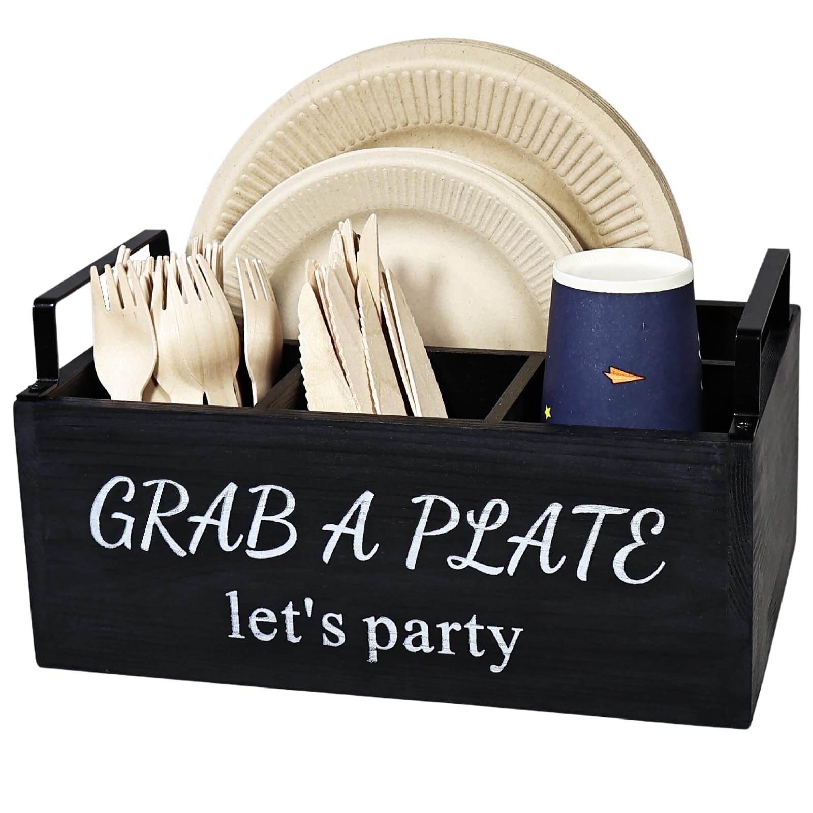 Paper Plate Holder, Utensil Caddy Organizer, Wood Paper Plate Dispenser, Silverware Caddy Holder, and Disposable Coffee Bar Accessories Box for Kitchen Counter, Party, Camping, Picnic (4 Compartment)