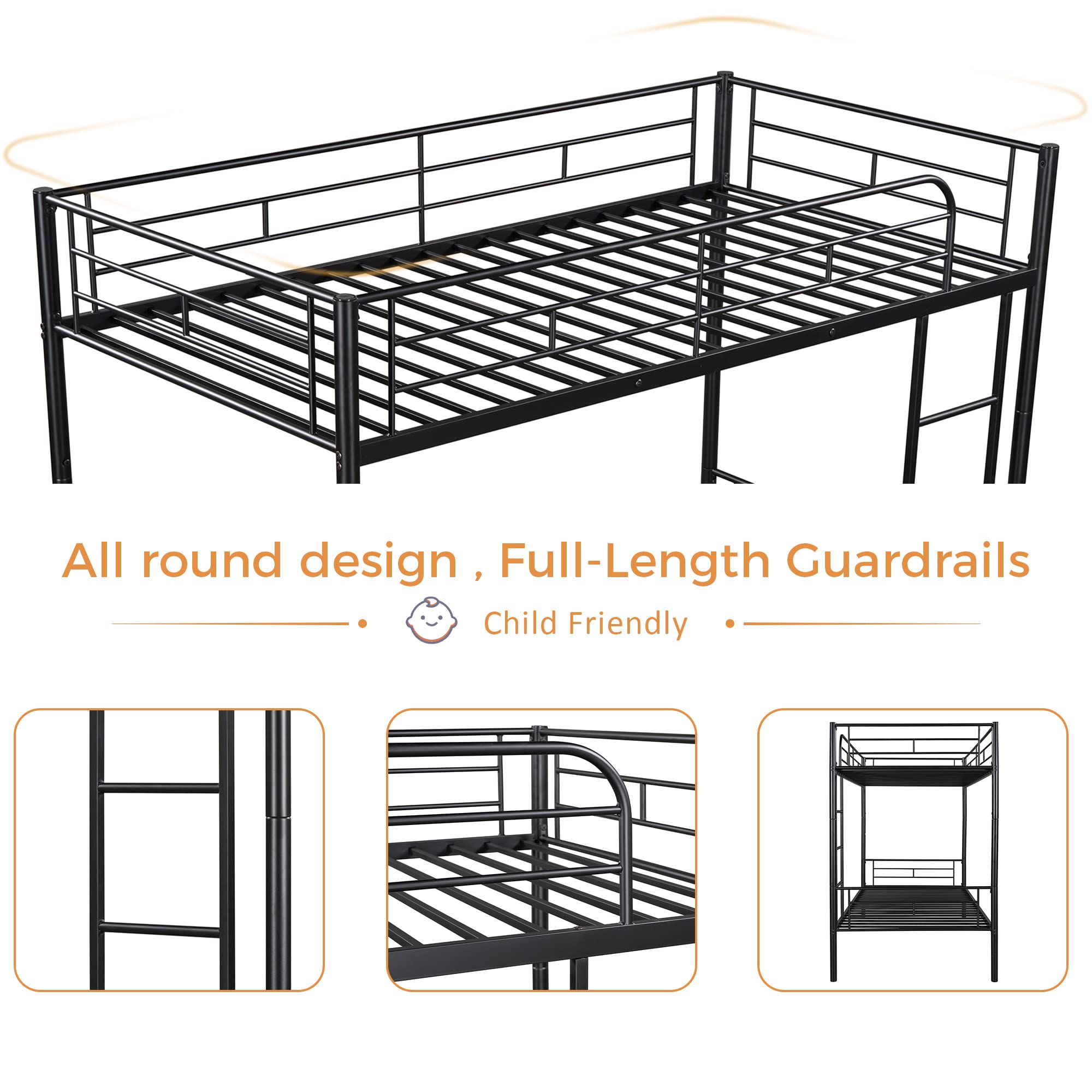 Merax Bunk Bed with Ladder and high Guardrail, Able to Split, Metal Bunk Bed, Storage Space, Noise Free,Twin Over Twin Size,Black