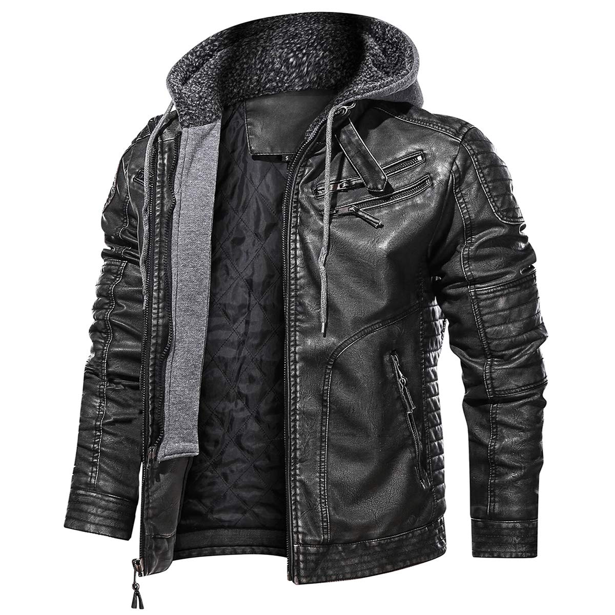 NAVEKULL Men's Faux Leather Jacket Winter Vintage Motorcycle Biker Jacket with Fleece Removable Hood
