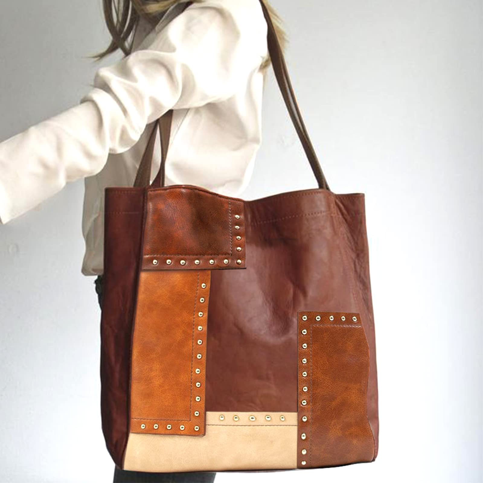 Tote Bag for Women, Large Leather Shoulder, Vegan Leather Handbag, Creative Stitching Rivet Decoration Leather Purse, With Travel, Work, Vacation