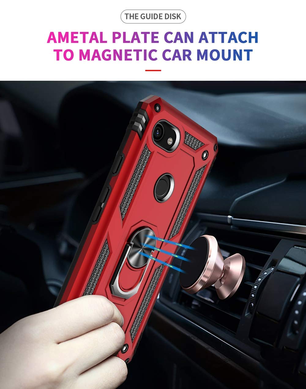 Military Grade Drop Impact for Google Pixel 3A XL Case 360 Metal Rotating Ring Kickstand Holder Magnetic Car Mount Armor Shockproof Case for Google Pixel 3A XL Phone Protection Case (Red)