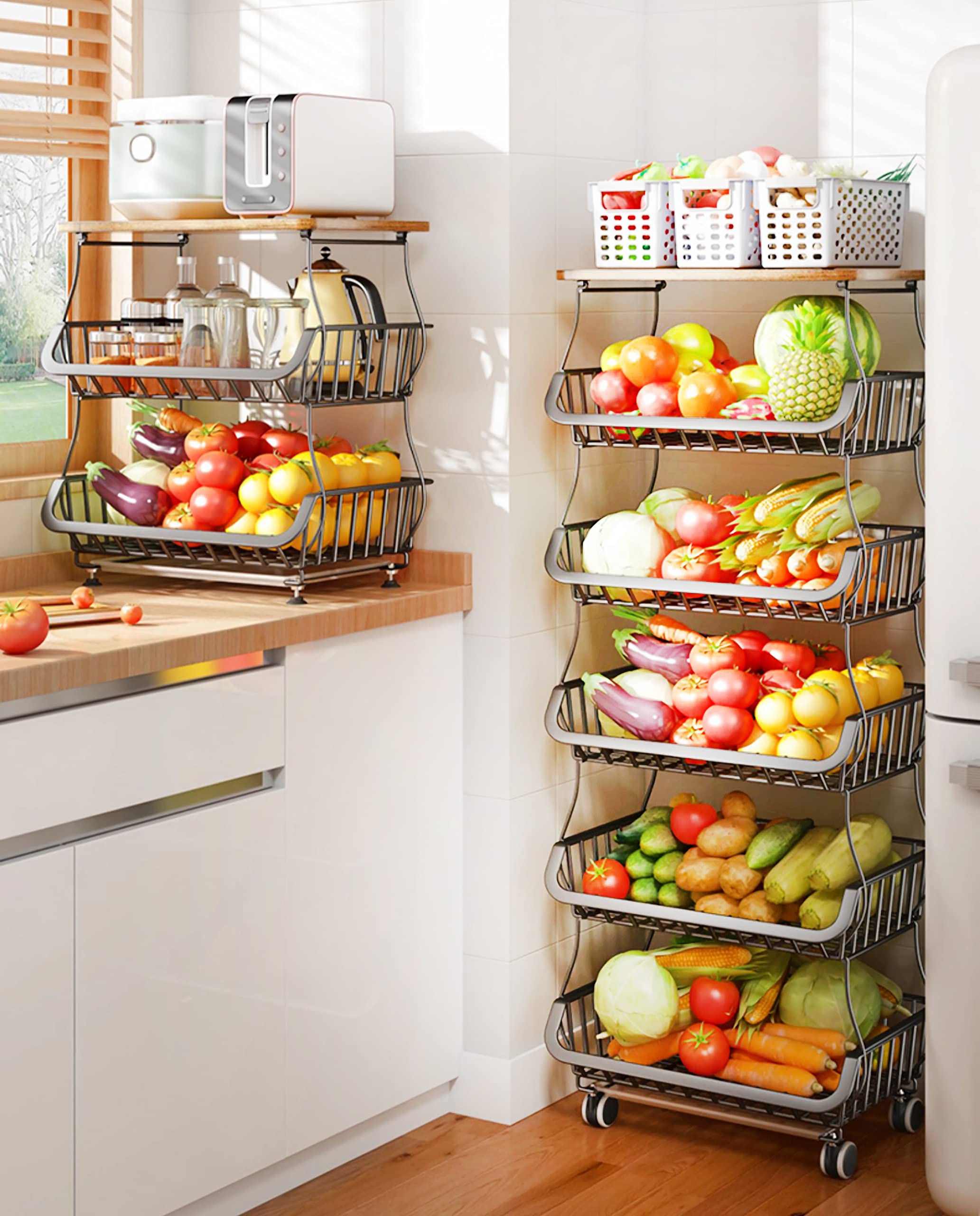 MURRI&MURRDI Kitchen Storage Cart with Top, 5 Tier Rolling Cart with Wheels Rolling Rack Storage Cart for Pantry, Can be Used as Kitchen Cart Fruit Basket Stand for Kitchen (Black, 5 Layer)