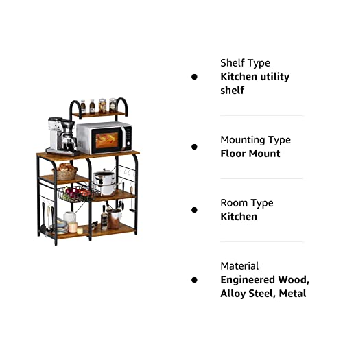 Mr IRONSTONE Bakers Rack Microwave Stand Kitchen 35.5" Microwave Cart 3-Tier+4-Tier Kitchen Shelves for Spice Organizer Coffee Station with 10 Hooks, Easy to Assemble (Vintage), 90 × 40 × 131 cm