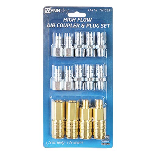 WYNNsky High Flow V-Style Air Fittings, Brass Quick-Connect Coupler and Steel Plug, 1/4 Inch Body Size, 1/4 Inch NPT Threads Size, 250PSI, 14PCS Air Compressor Hose Accessories