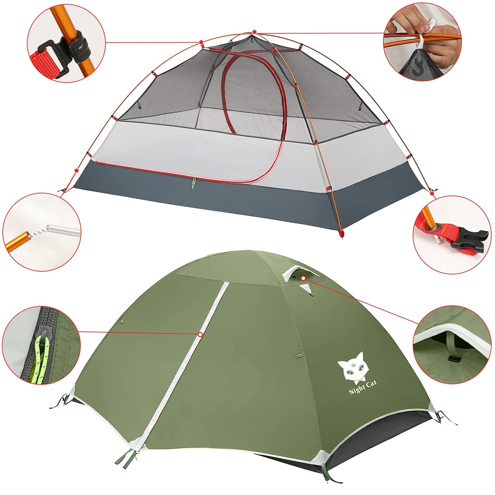 Night Cat Backpacking Tent 2 Persons with Aluminium Pole Double Layers Camping Tent Adults Rainproof Lightweight Easy Setup Two Doors Hiking Mountaineering 2.2x1.4m