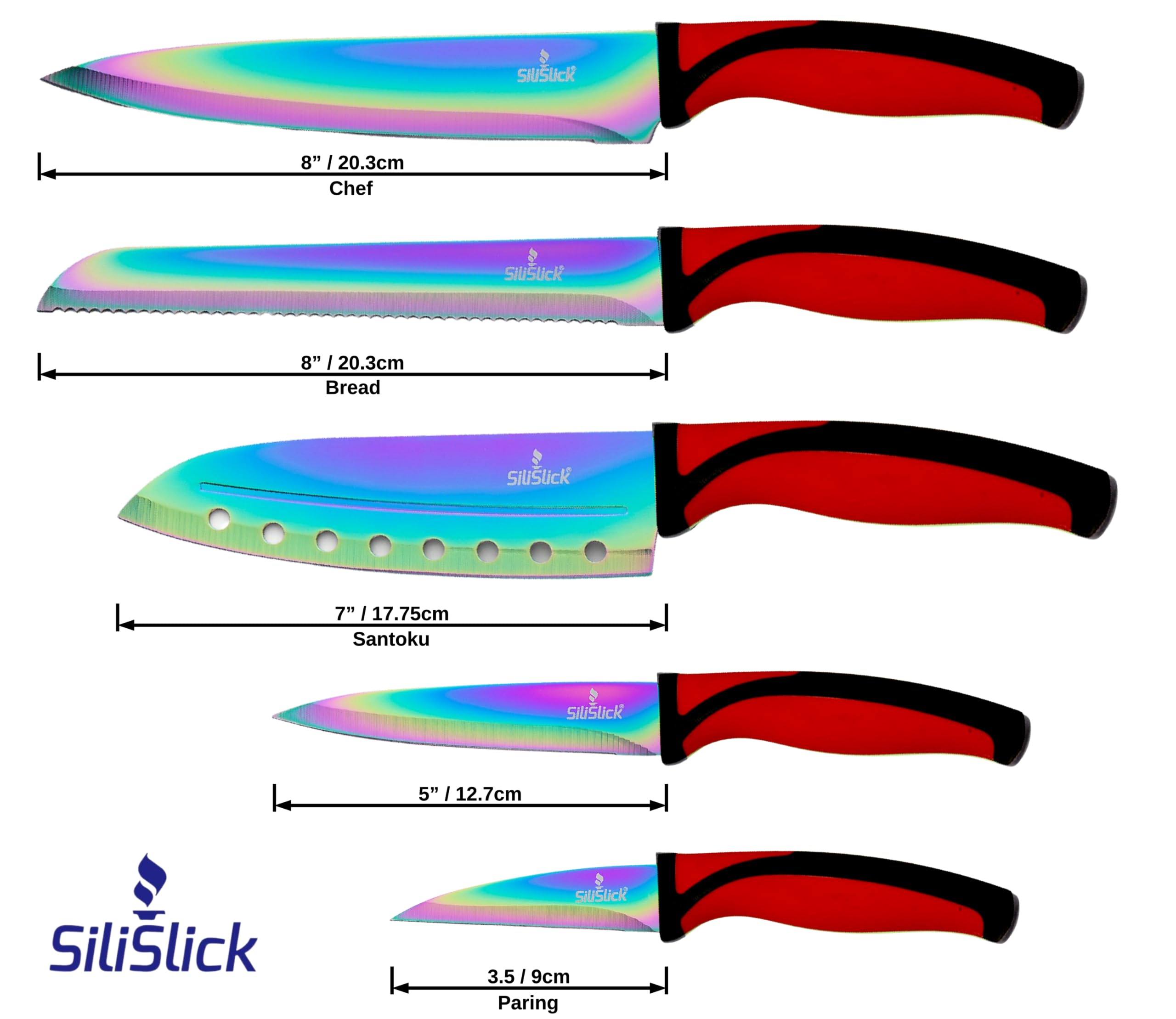 SiliSlick Kitchen Knife Set Professional, Titanium Coated Stainless Steel Blades, Dishwasher Safe, Safety Sheaths, 5 Knives